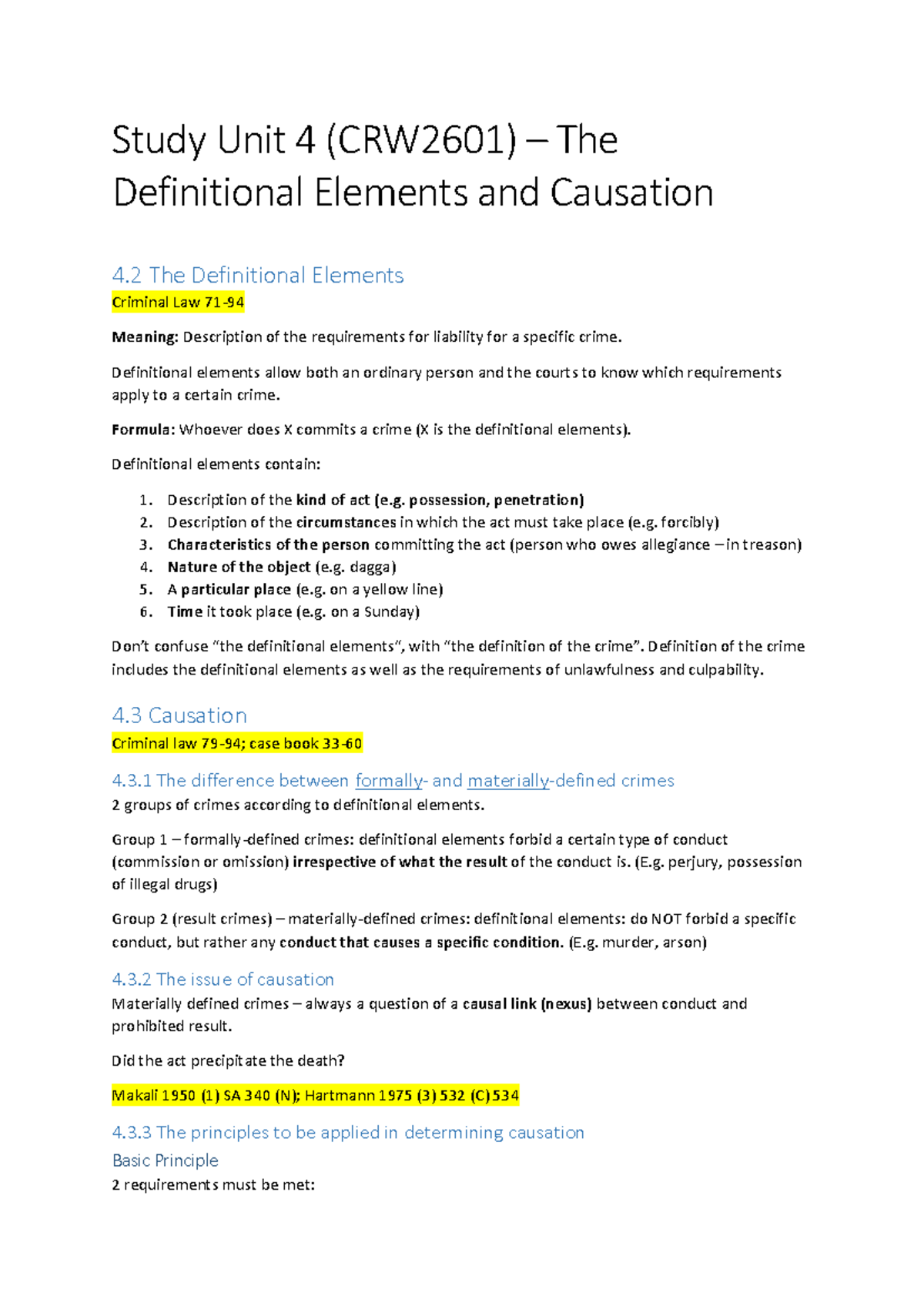 CRW2601 Study Unit 4: Definitional Elements & Causation Explained - Studocu