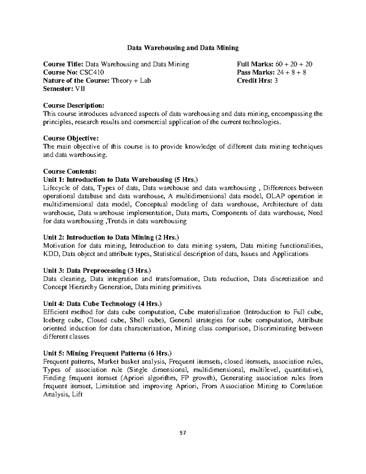 CSC410 Data Warehousing and Data Mining Syllabus - Studocu