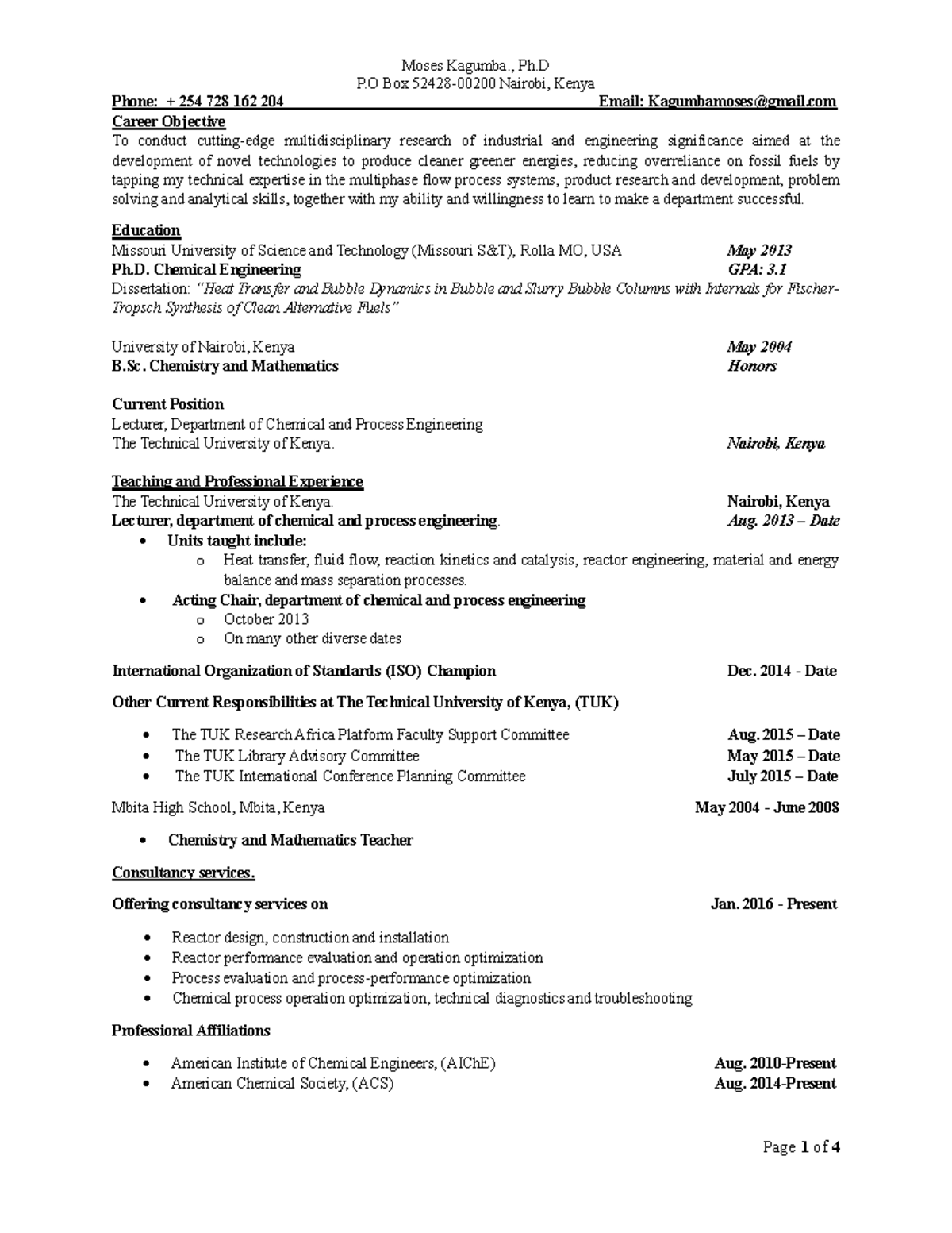CV for Kagumba Moses - Lecturer in Chemical Engineering - Studocu