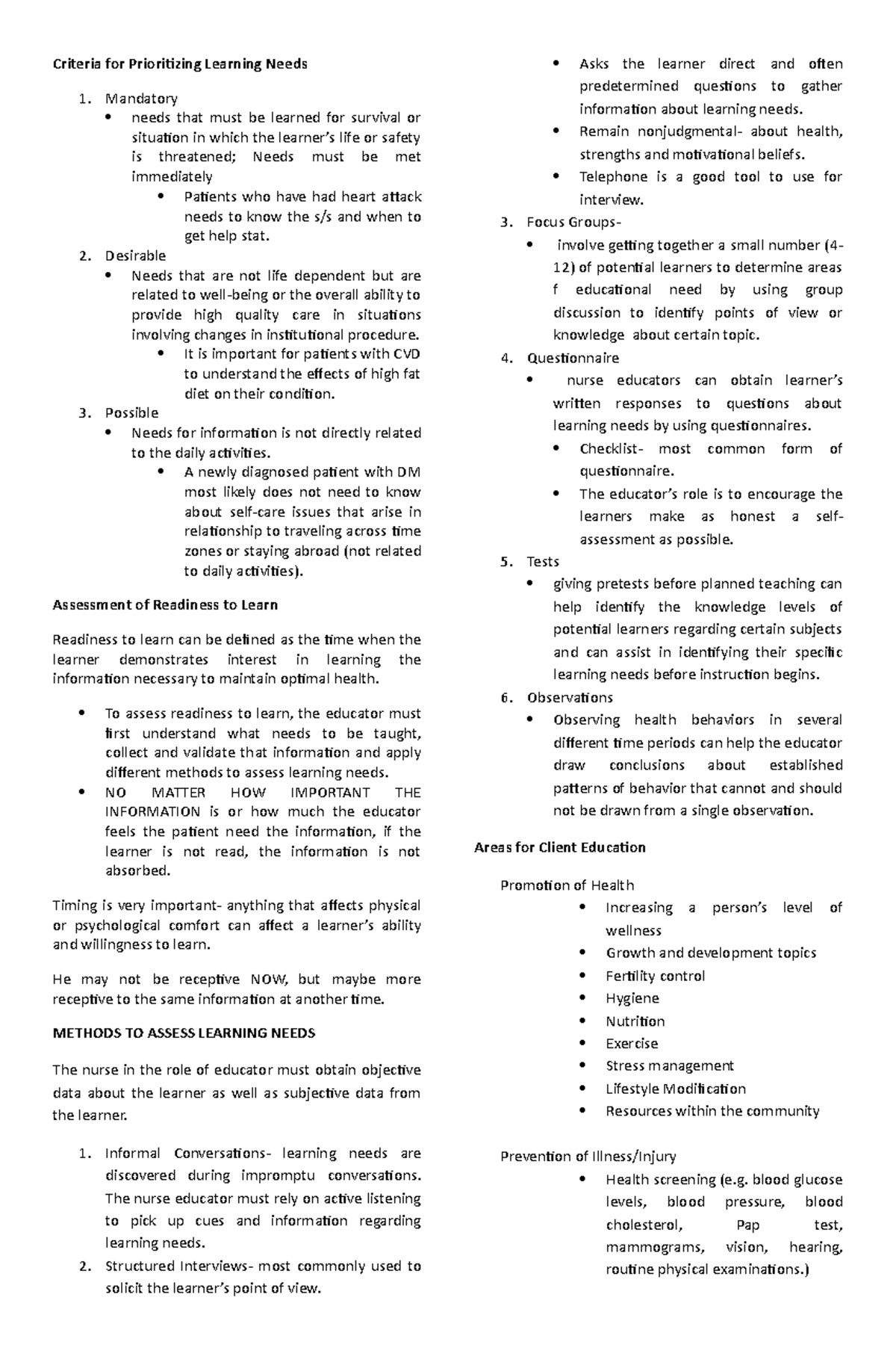 Nurs 101: Health Education Review on Learning Needs and Teaching ...