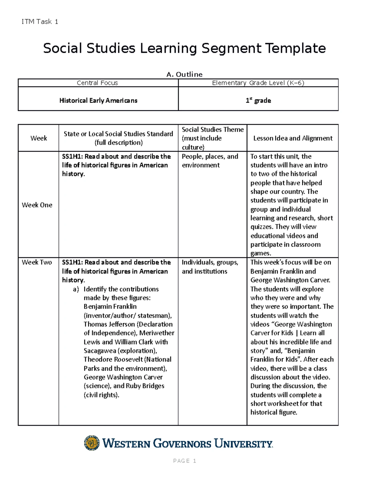 WGU C104 Task 1 - Social Studies Learning Segment Template - C104 ...