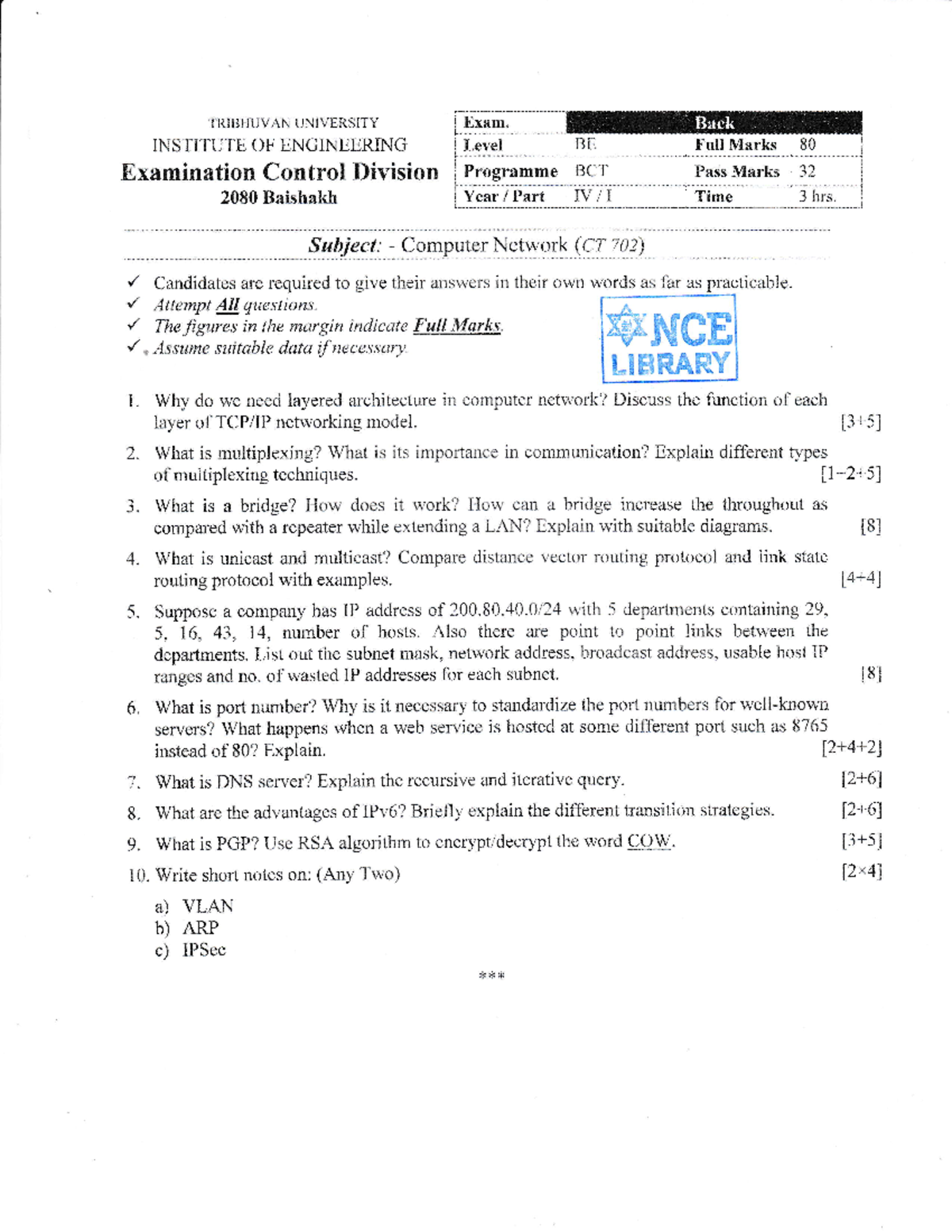Old Computer Networks Exam Questions (CT 702) - Studocu