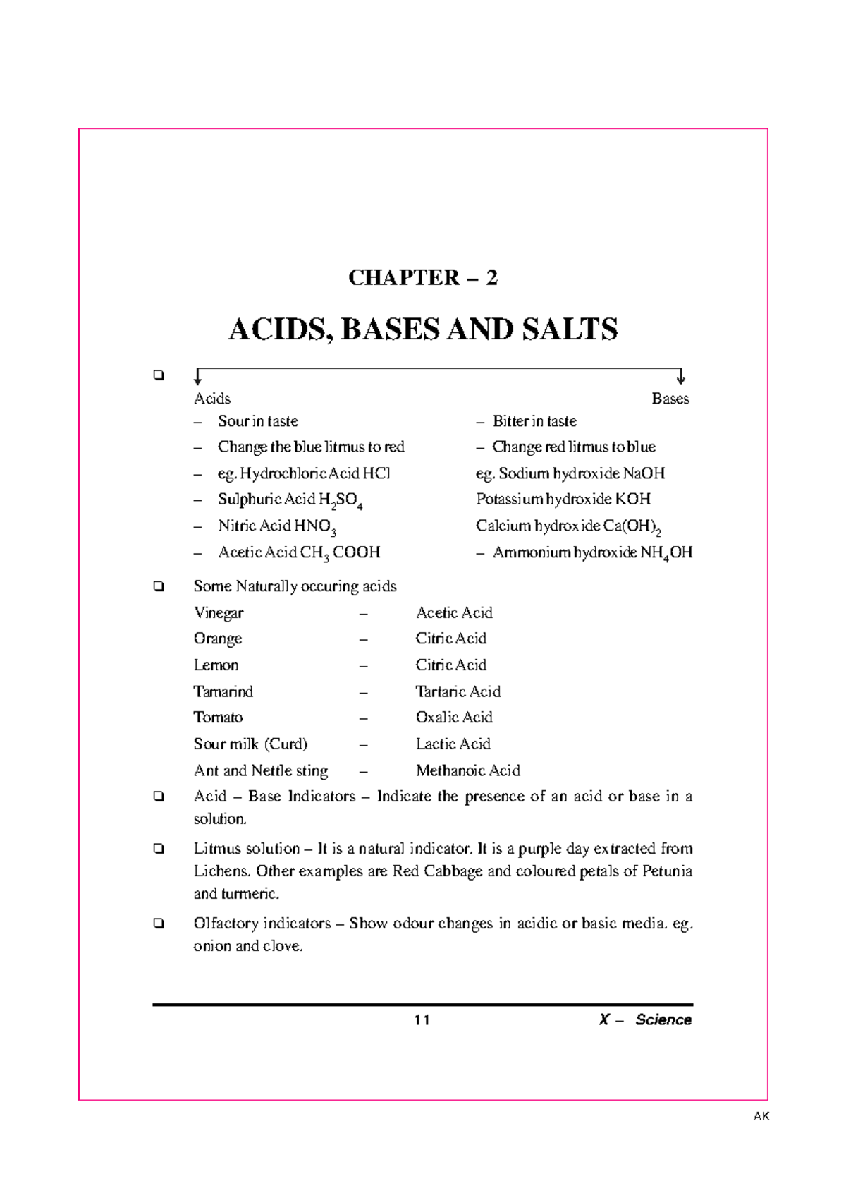 Acid, Bases and Salts - Lecture Notes - 11 X – Science CHAPTER – 2 ...