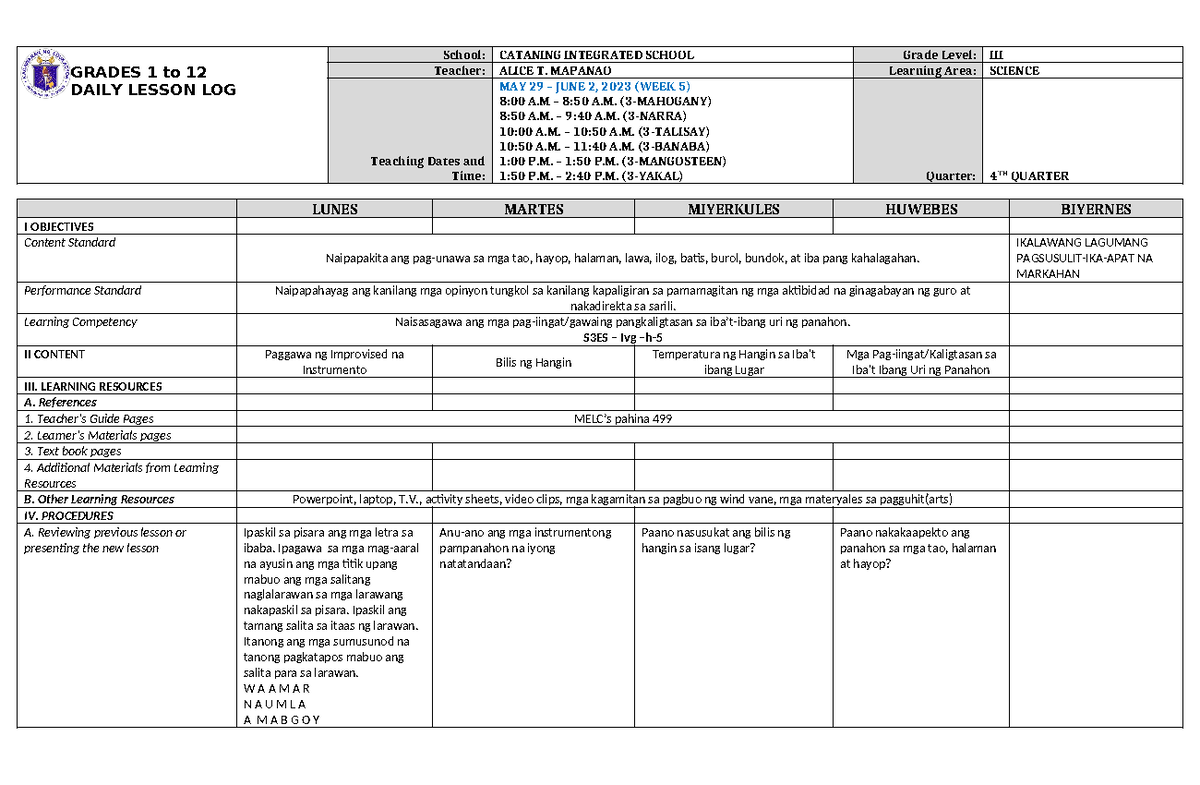 DLL Science 3 Q4 W5 - Daily Lesson Plan for Grade 3 Students - Studocu