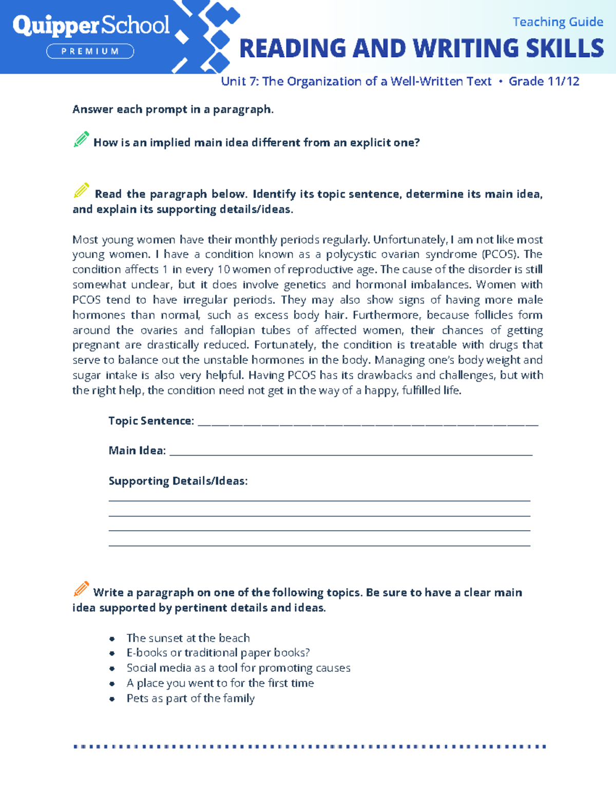 PDF (Texts) RW Unit 7 Lesson 1 The Main Idea and Supporting Details in ...