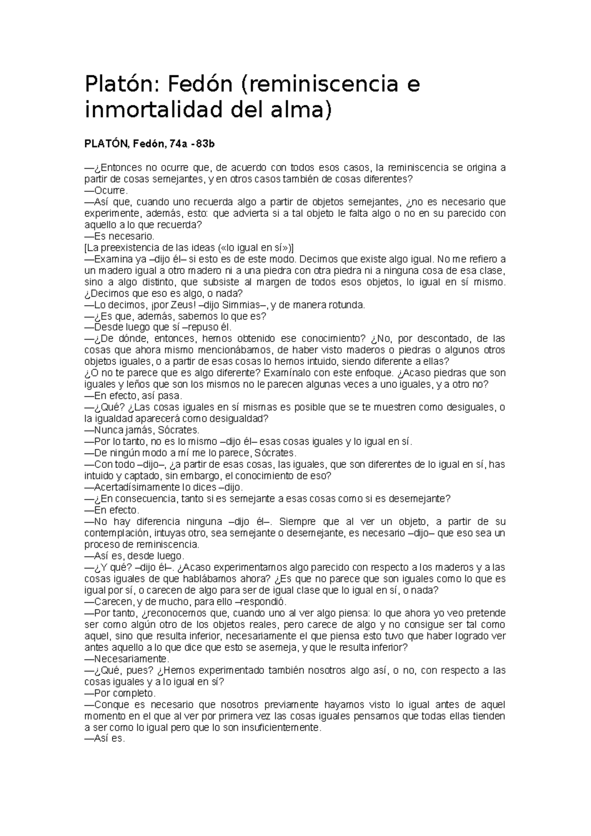 Texto del Fedón - Platón: Fedón (reminiscencia e inmortalidad del alma ...