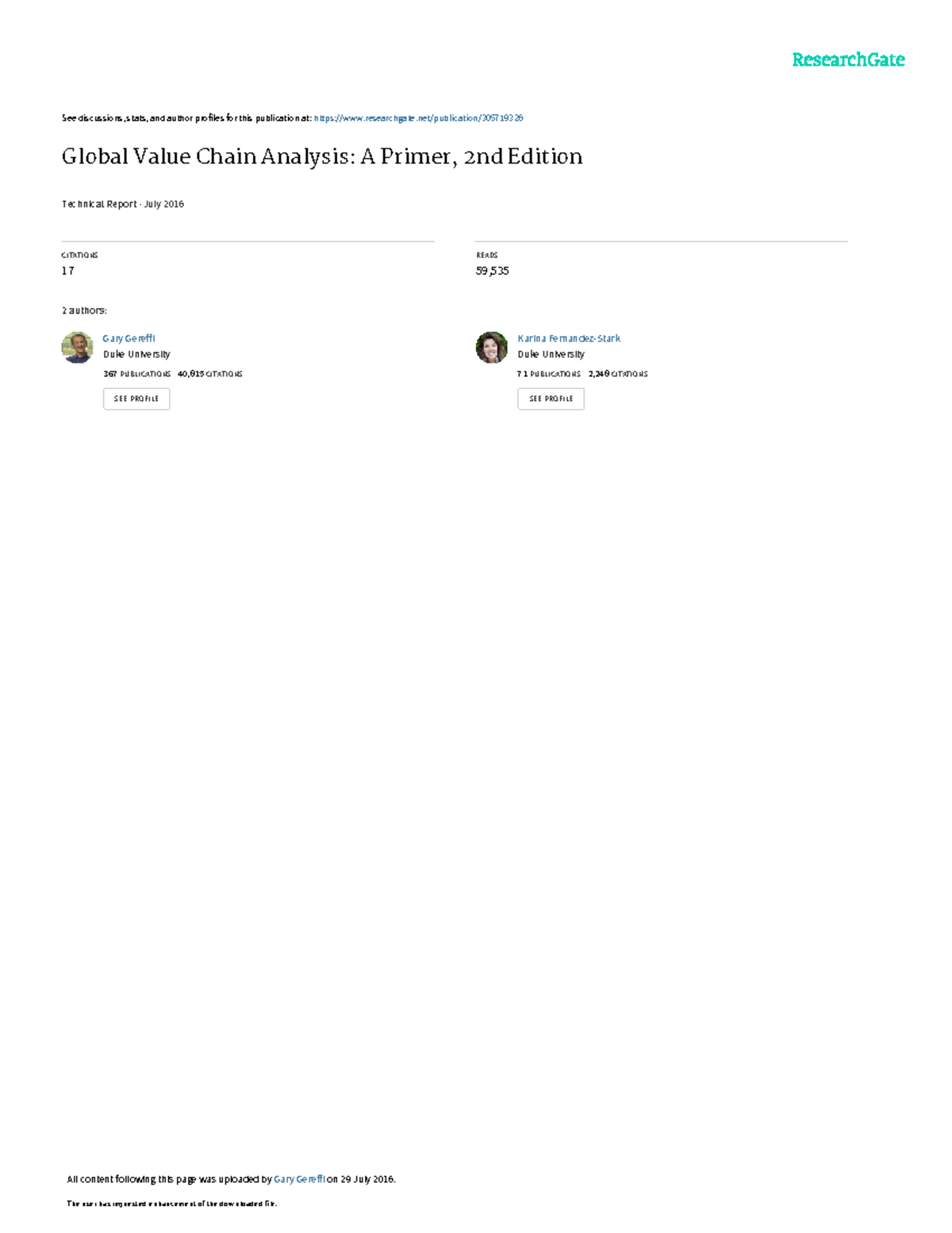 Global Value Chain Analysis: A Primer (GVC 2nd Ed.) - Technical Report ...