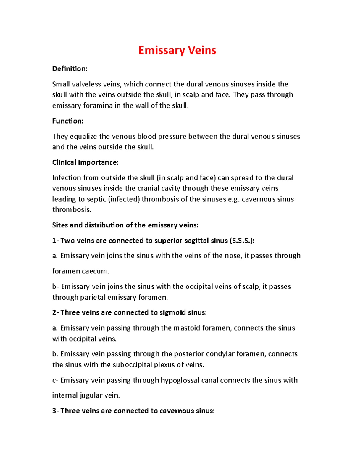 Emissary Veins: Definition, Function, Importance, and Assessment - Studocu