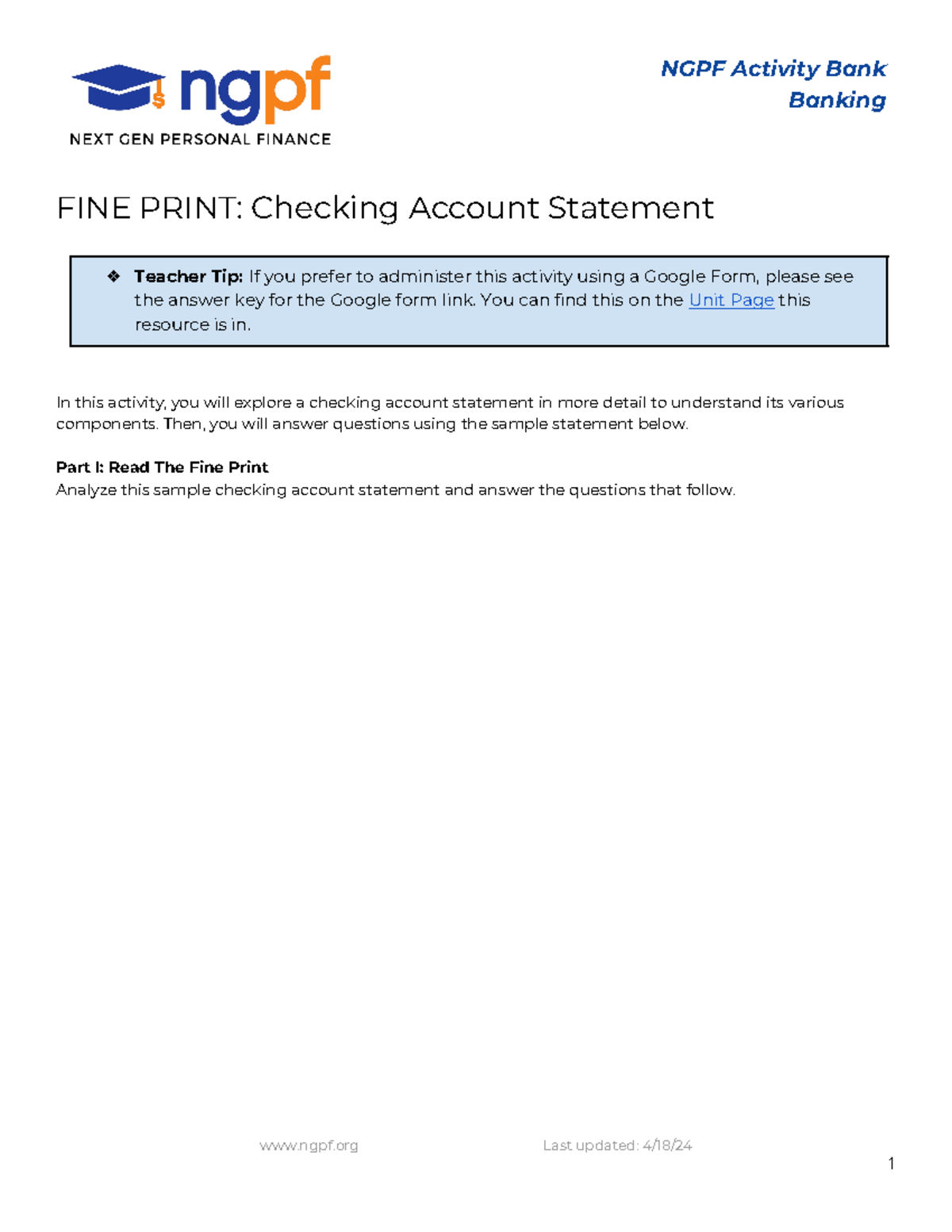 FINE Print: Checking Account Statement Activity - NGPF Analysis Guide ...