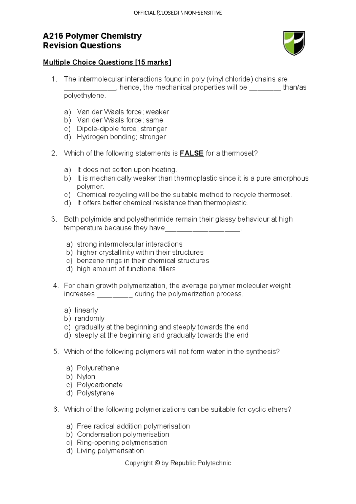 A216 Polymer Chemistry Revision Questions: MCQs and Key Concepts - Studocu