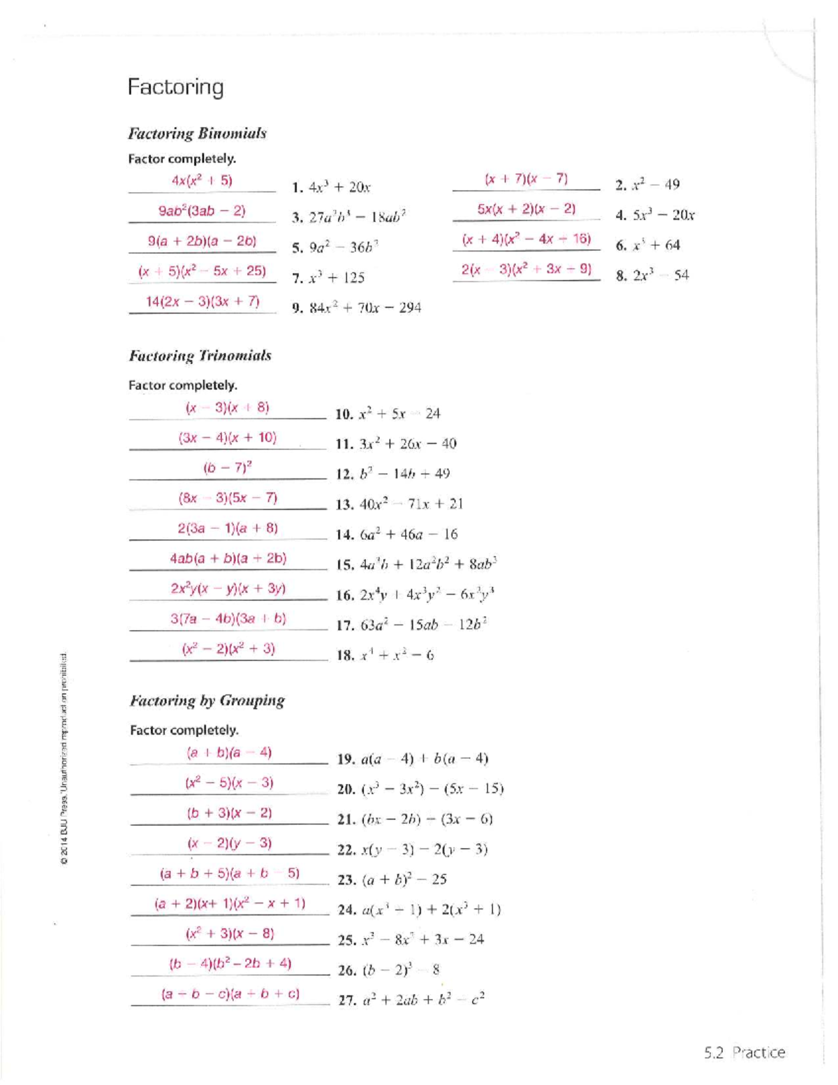 Factoring Key for Final Exam - Course Code: MATH101 - Studocu