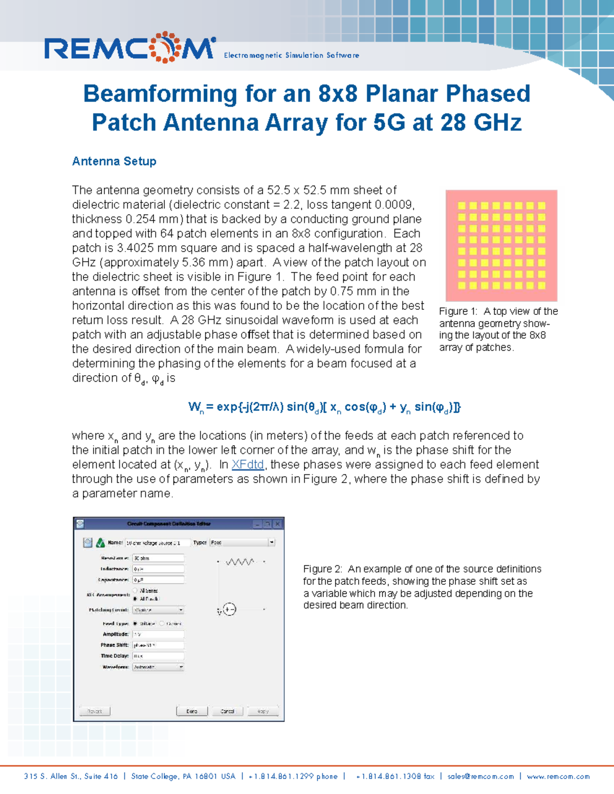 Remcom Beamforming: 8x8 Planar Phased Patch Antenna Array for 5G at 28 ...