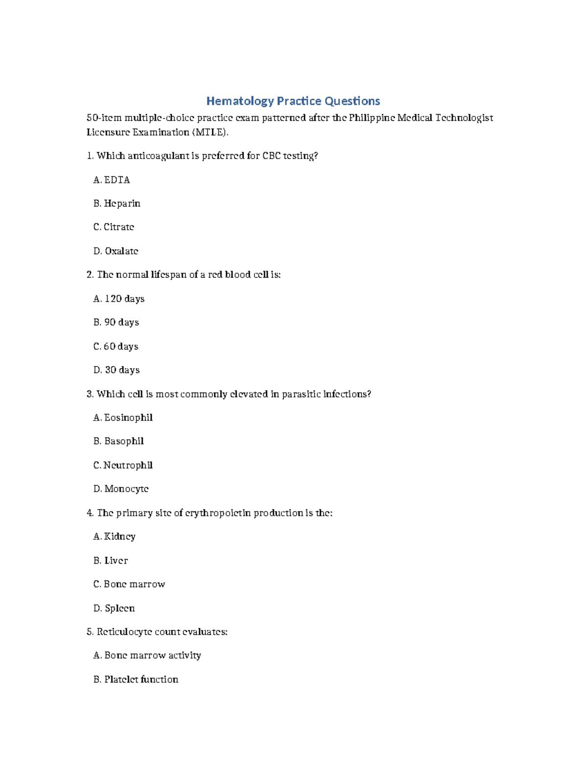 Hematology MTLE Practice Exam Questions and Answers - Studocu