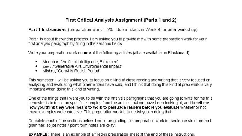 WRIT 100 (F. 2025) First Critical Analysis Assignment Prep Work - Studocu