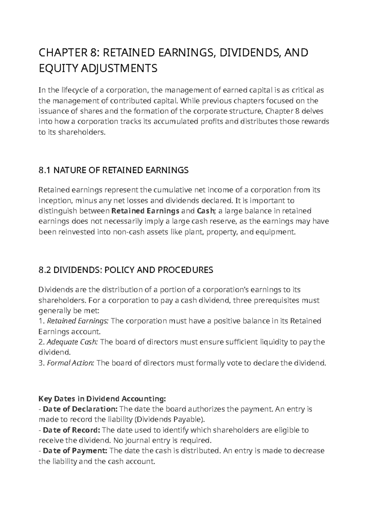 Chapter 8 Retained Earnings Dividends Equity Adjustments Studocu