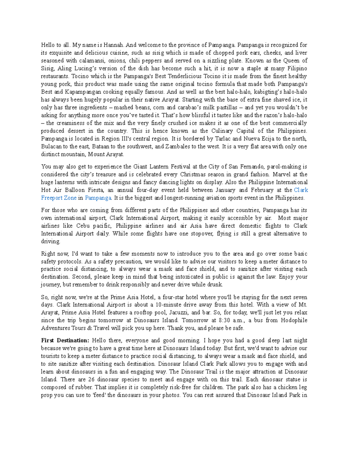 Virtual Tour Guide Script Sample - Hello to all. My name is Hannah. And ...