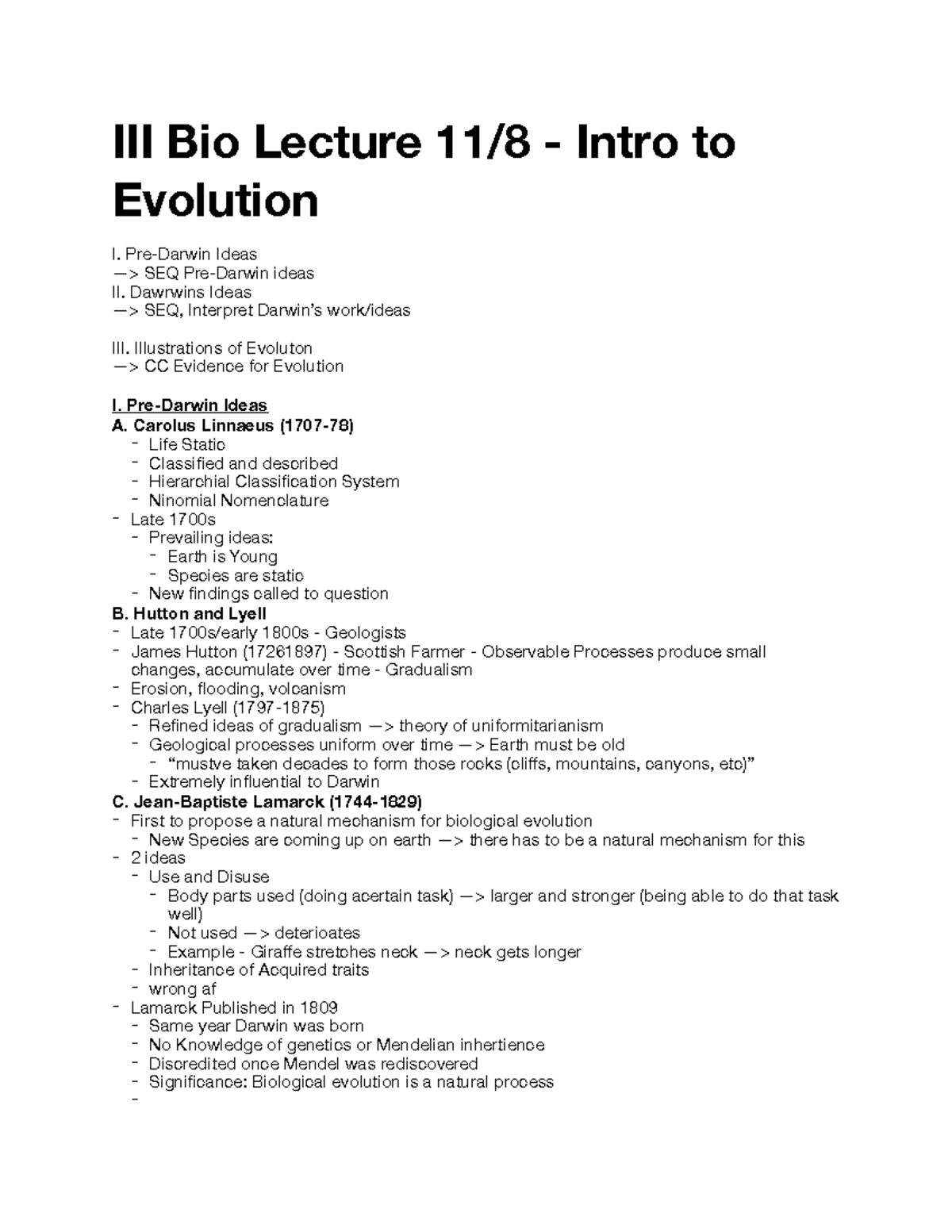 III Bio Lecture - Intro to Evolution-1 - III Bio Lecture 11/8 - Intro ...