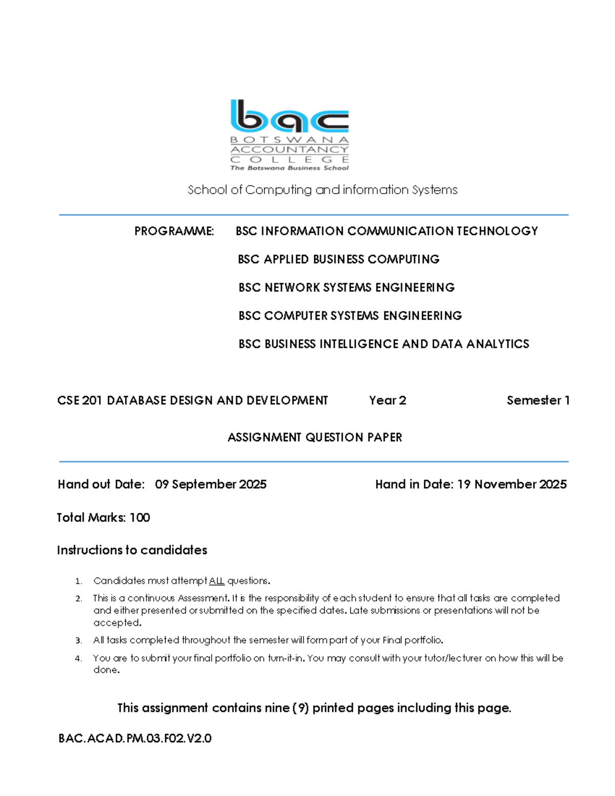 CSE 201 Database Design and Development Assignment QP - Aug 2025 - Studocu