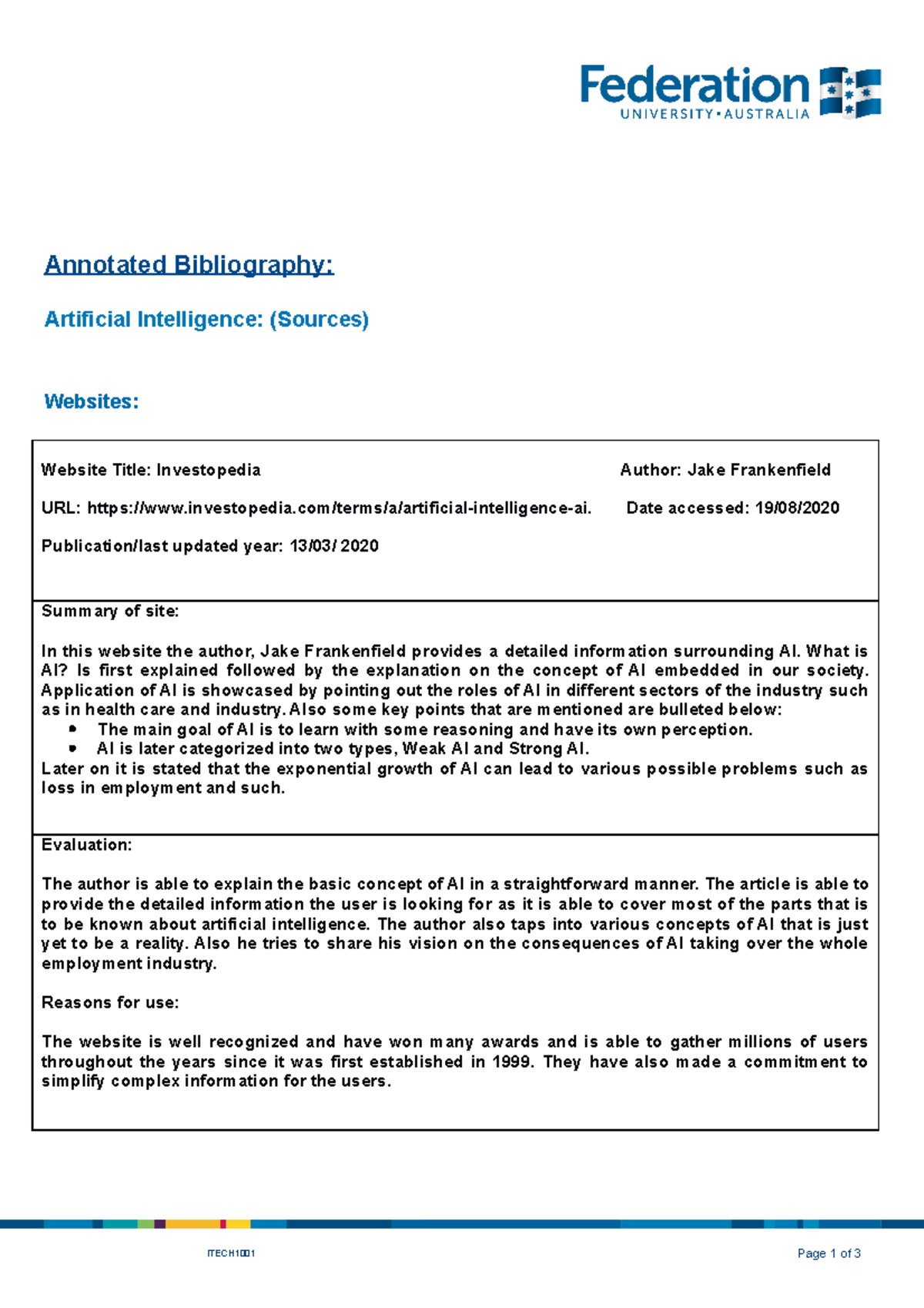 Annotated Bibliography - Annotated Bibliography: Artificial ...
