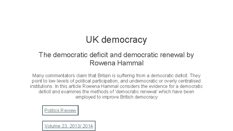 UK Politics Review: Democracy Deficit & Renewal Analysis - Studocu