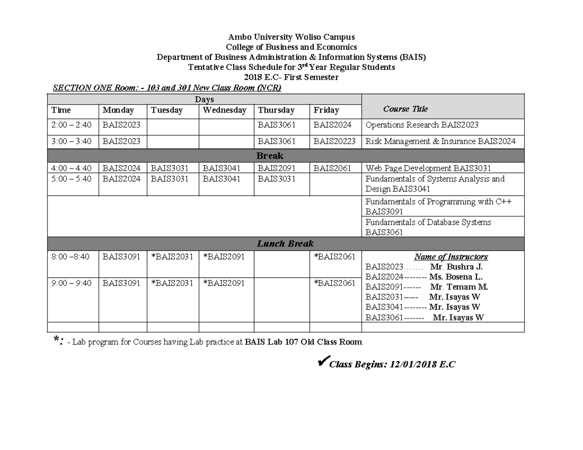 BAIS 3rd Year Tentative Class Schedule - 2018 First Semester - Studocu
