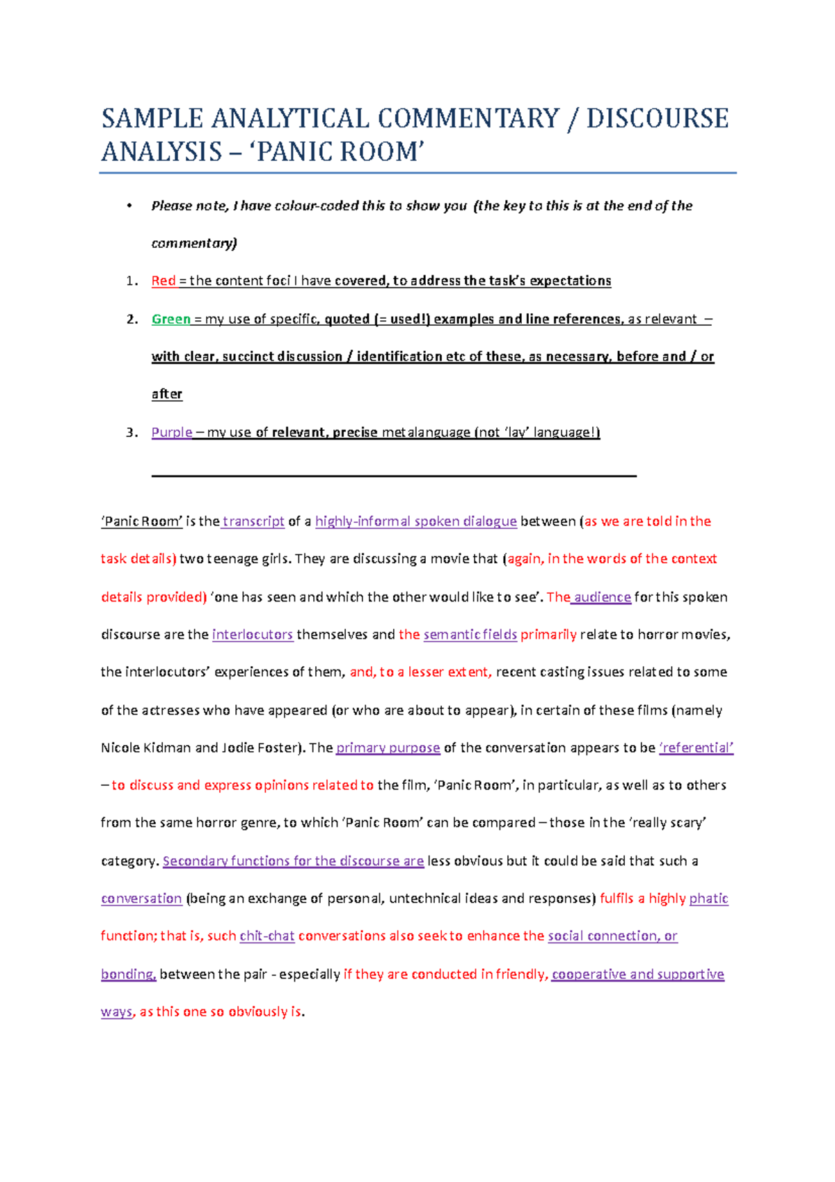 Analytical Commentary on 'Panic Room': Informal Dialogue Analysis - Studocu