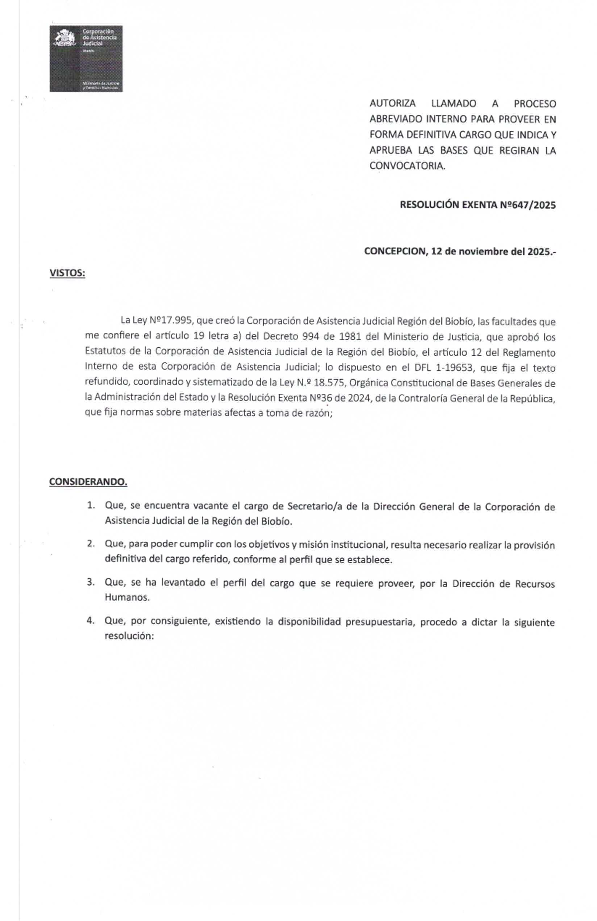 Resolución Exenta N°647/2025: Proceso de Selección Interno CAJ Biobío ...