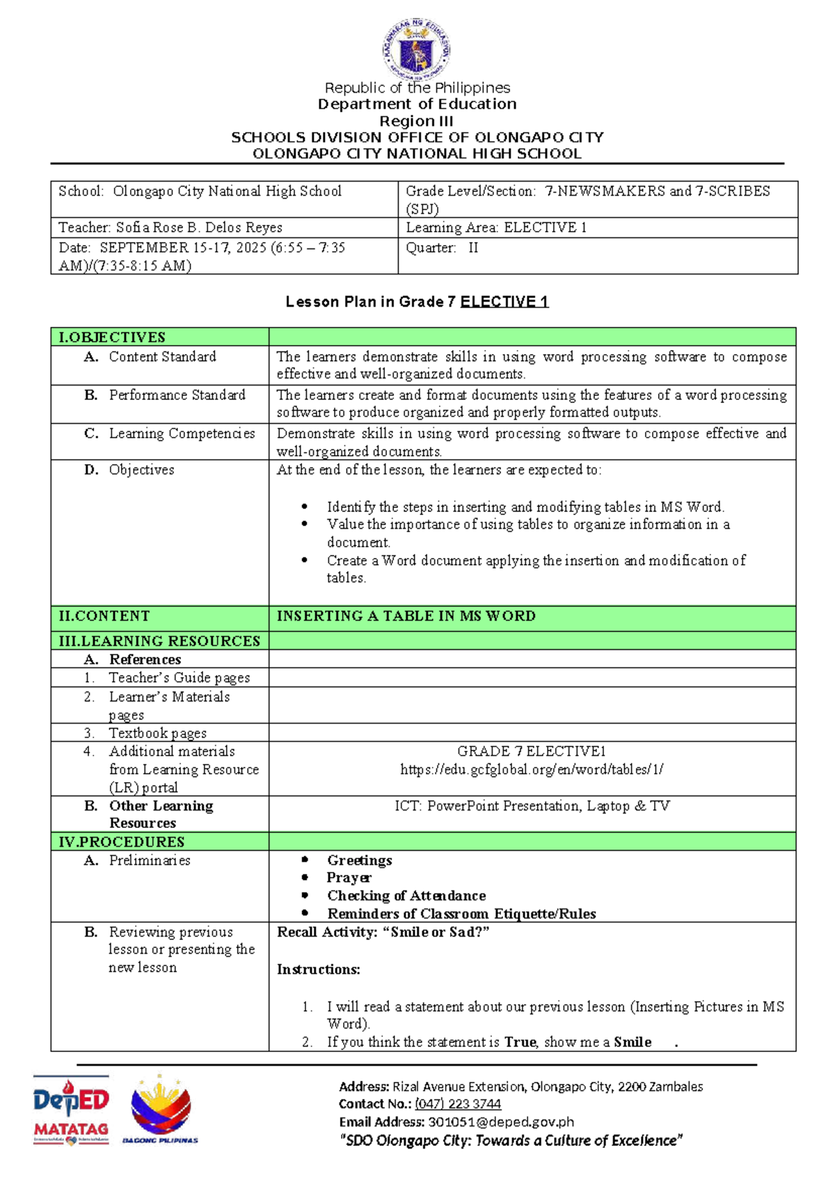 Grade 7 Elective 1 Lesson Plan: Inserting Tables in MS Word - Studocu