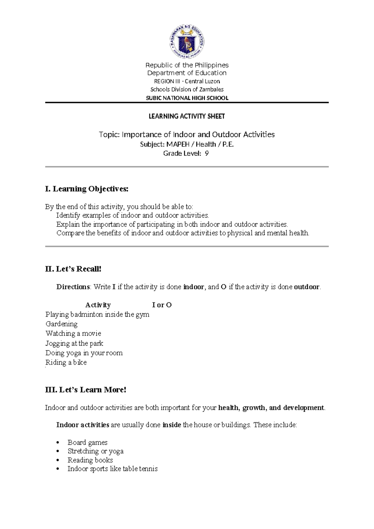 MAPEH 9 Learning Activity Sheet: Importance of Indoor & Outdoor ...
