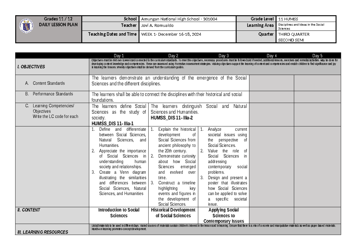 DISS 11 WEEK 1 - Daily Lesson Plan for Second Semester - Studocu