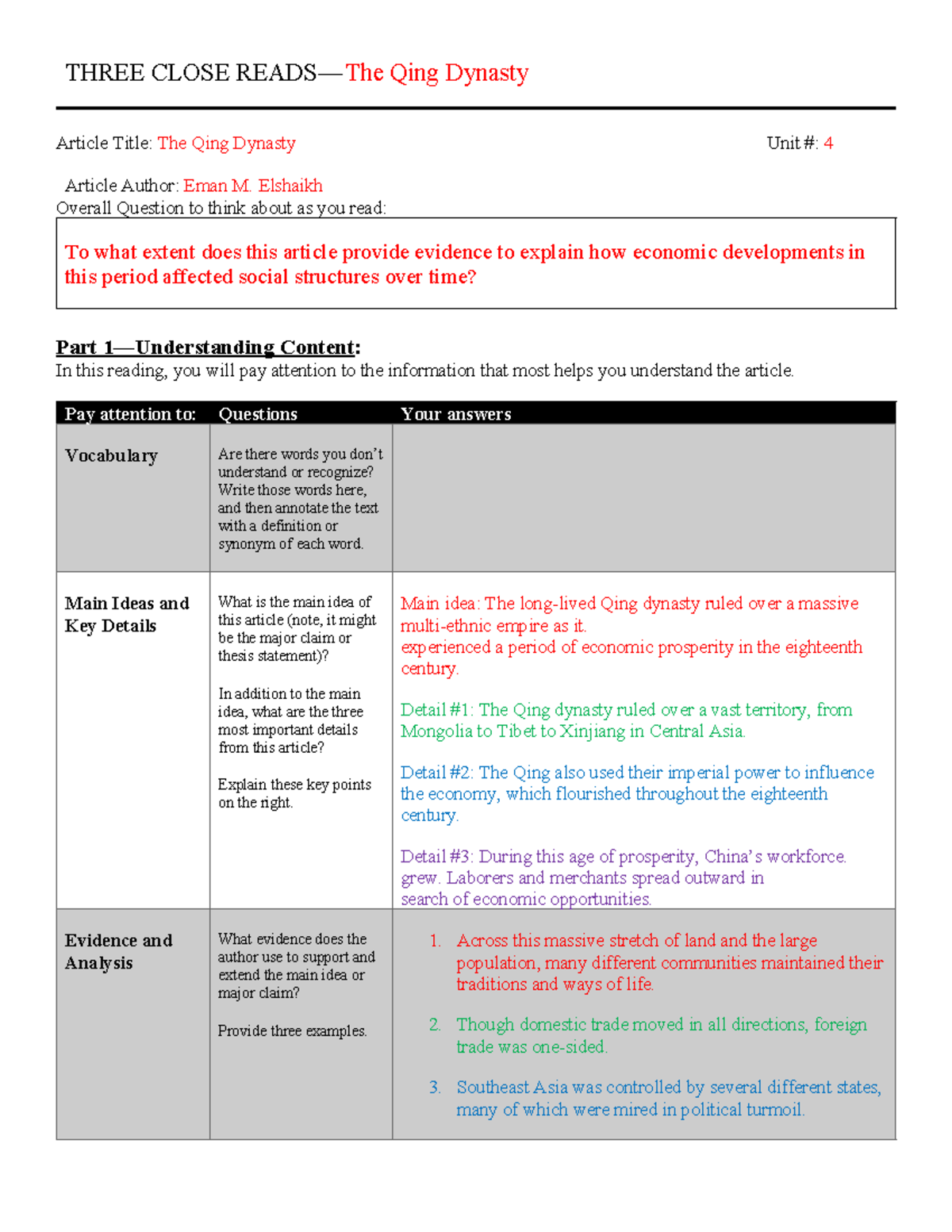 Qing Dynasty Economic Developments: Close Reading Worksheet - Studocu