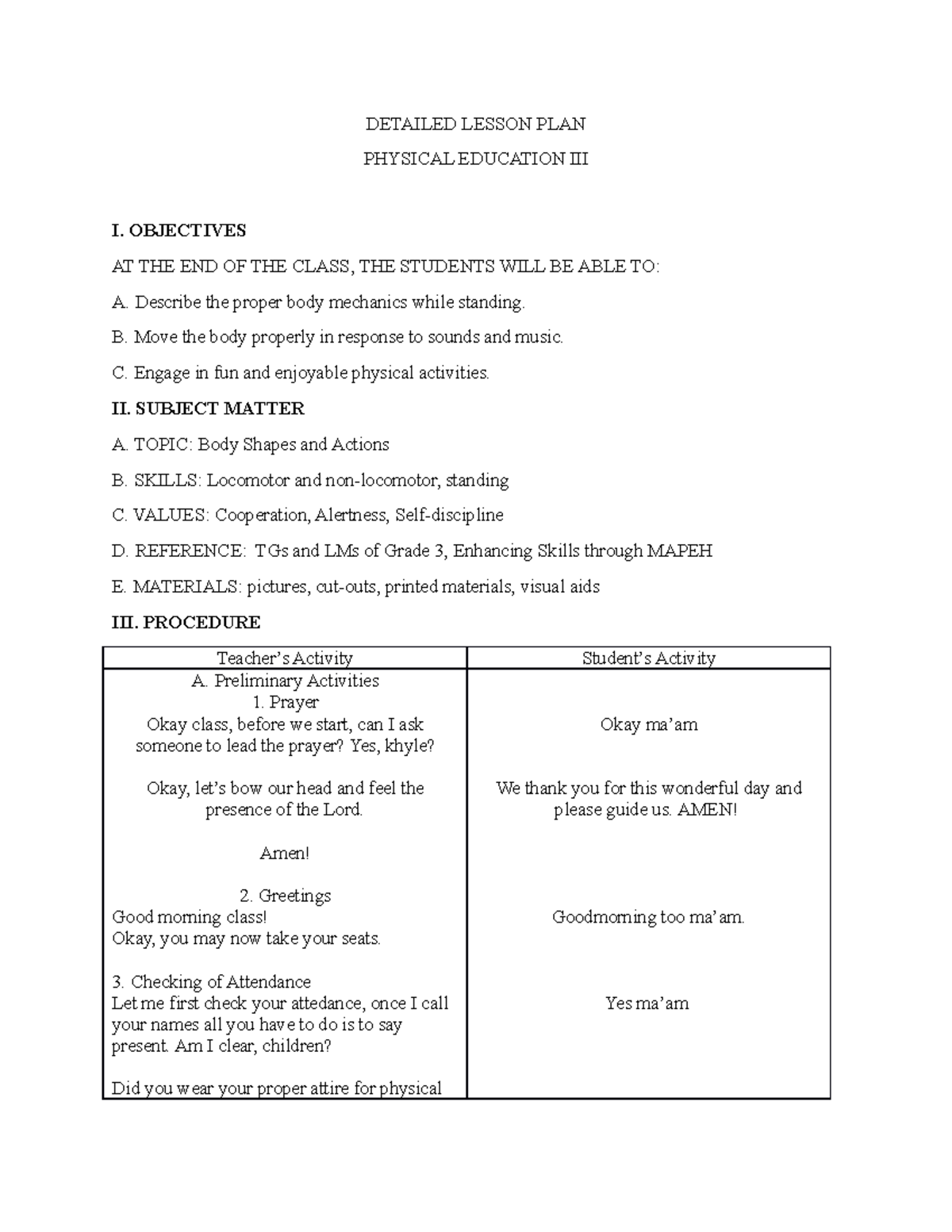 Detailed Lesson PLAN IN Physical Education 3 - DETAILED LESSON PLAN ...