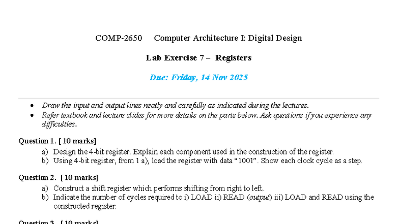 Computer Architecture I: Lab 7 - Digital Design of Registers - Studocu