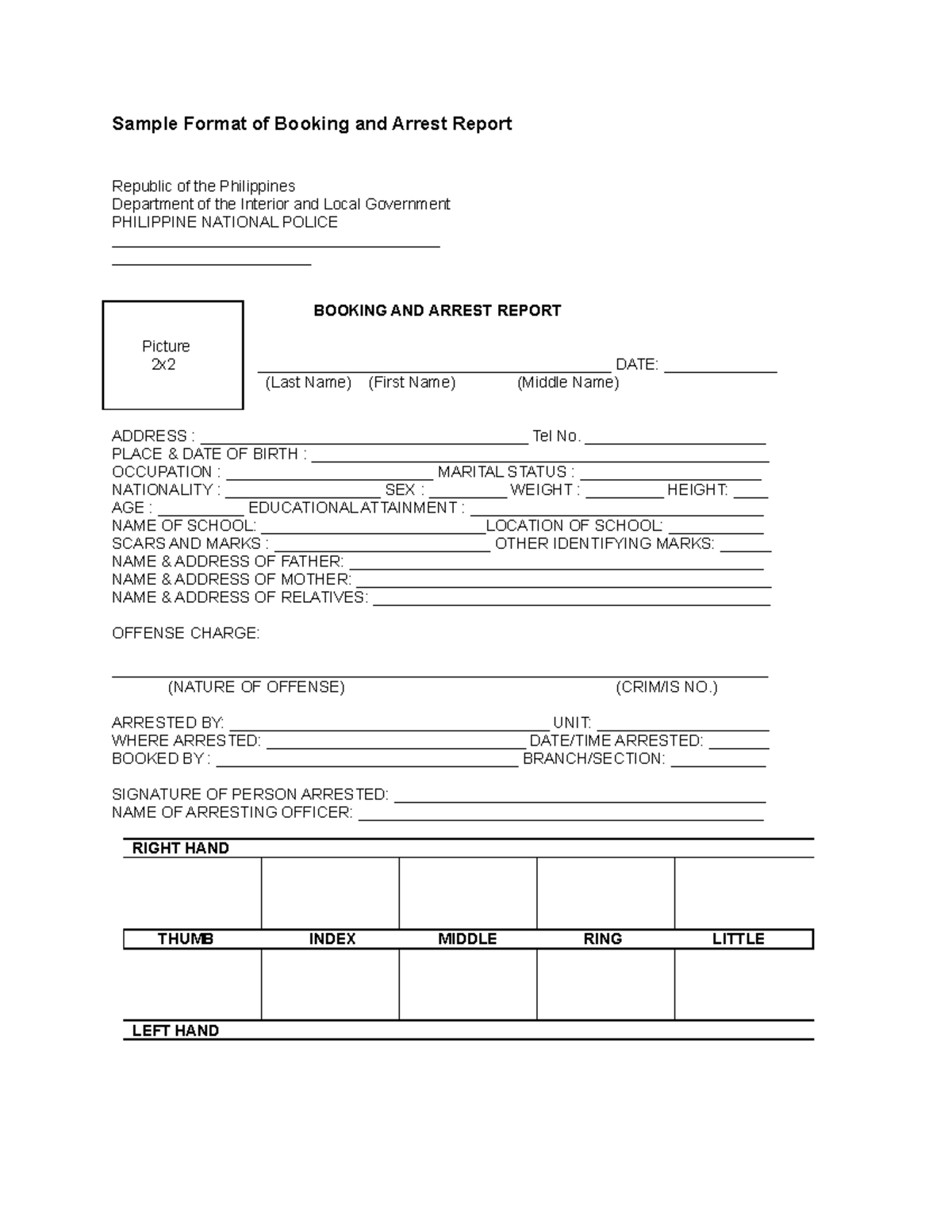 Sample Booking and Arrest Report Format for Law Enforcement Use - Studocu