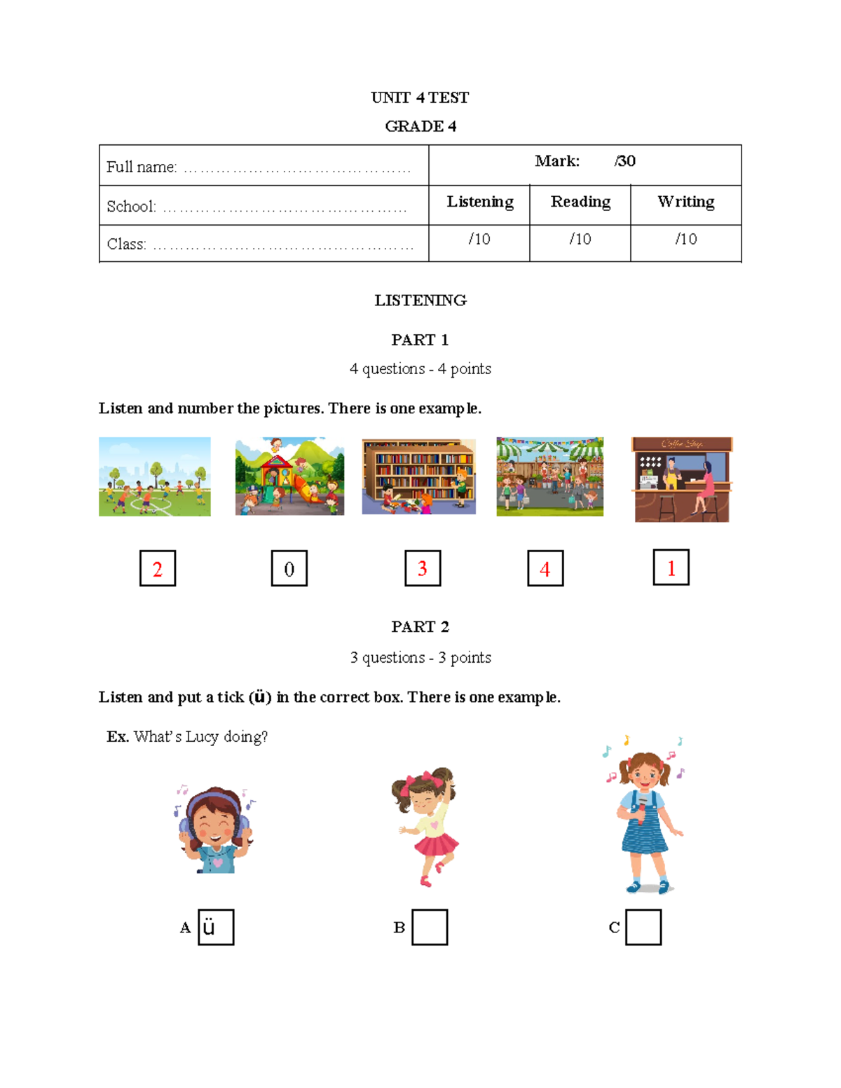 Grade 4 English Listening & Reading Test - Unit 4321 - Studocu
