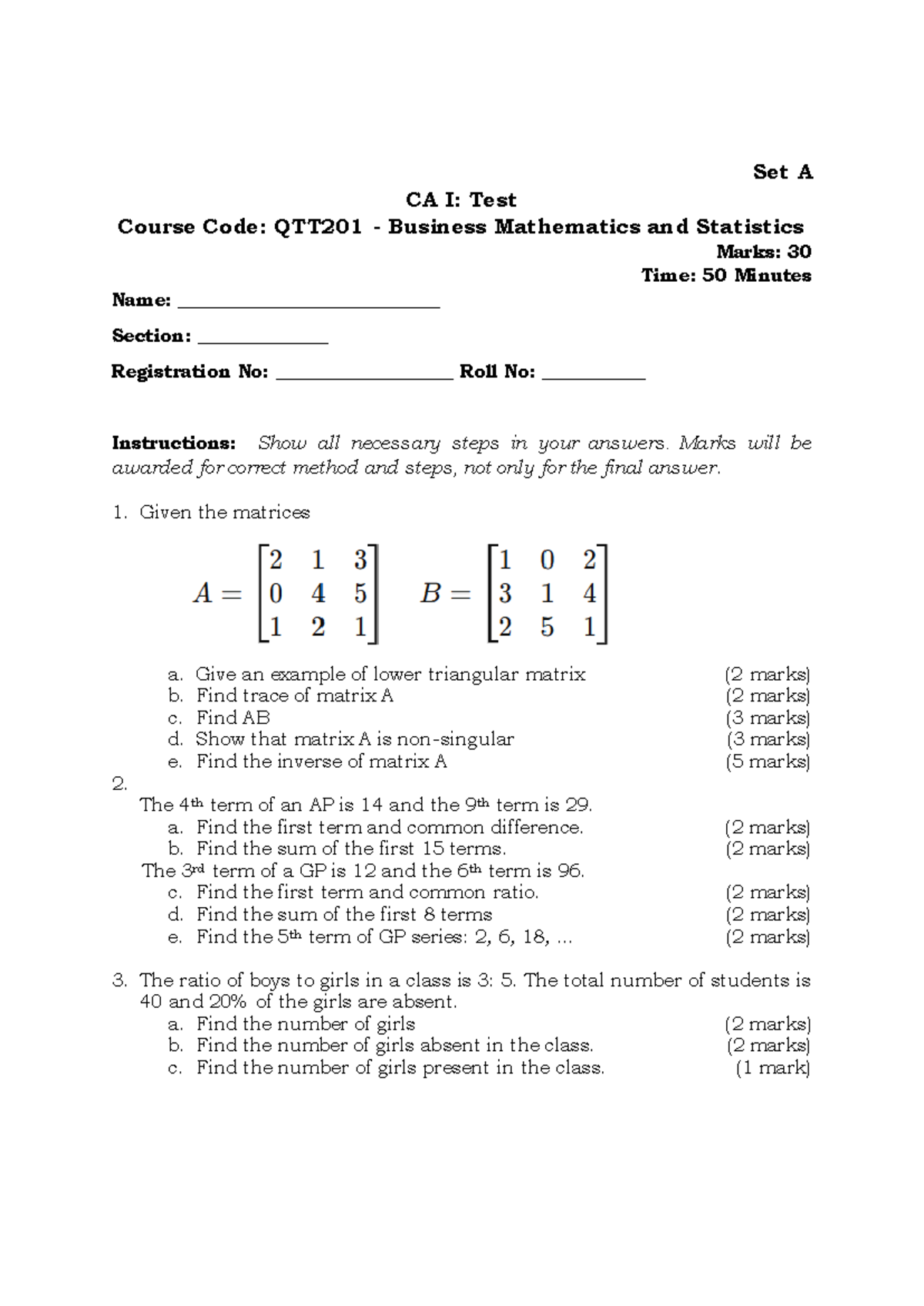 CA Test 1 2026 March Set A: QTT201 Business Math & Stats - Studocu