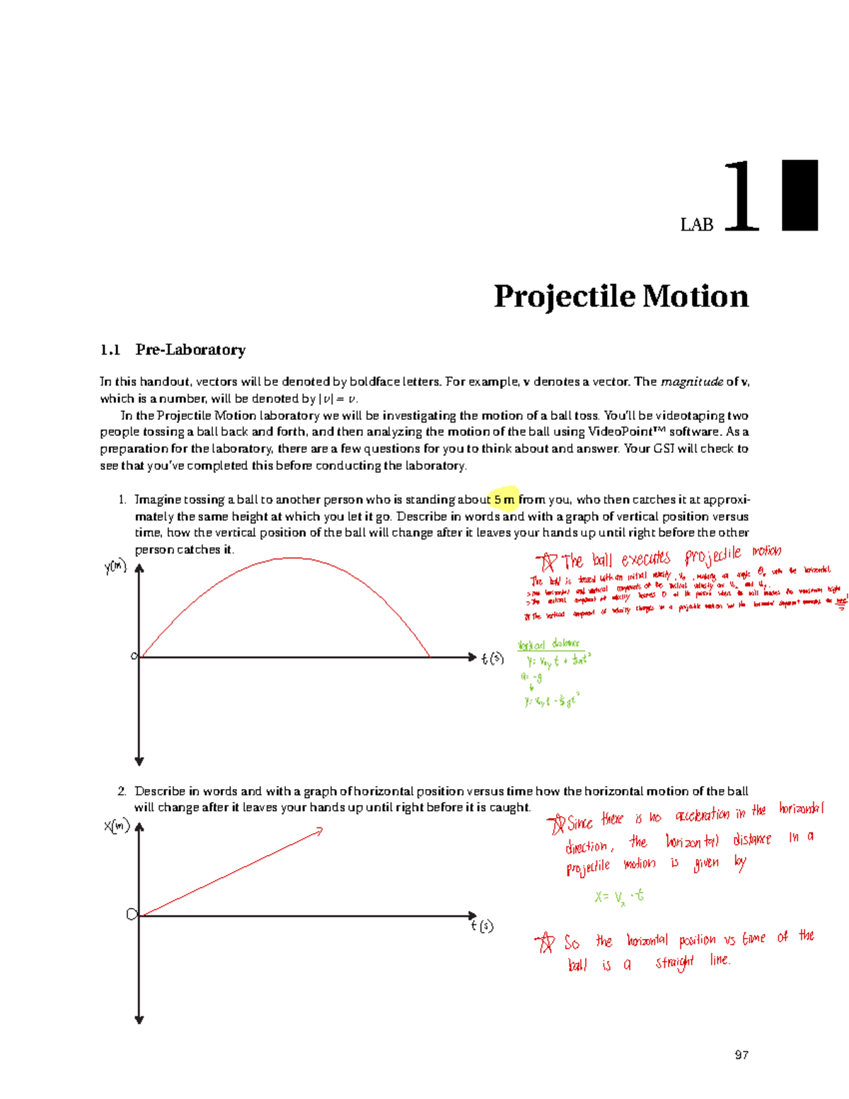 Lab 1 Projectile Motion - LAB 1 Projectile Motion 1 Pre-Laboratory In ...