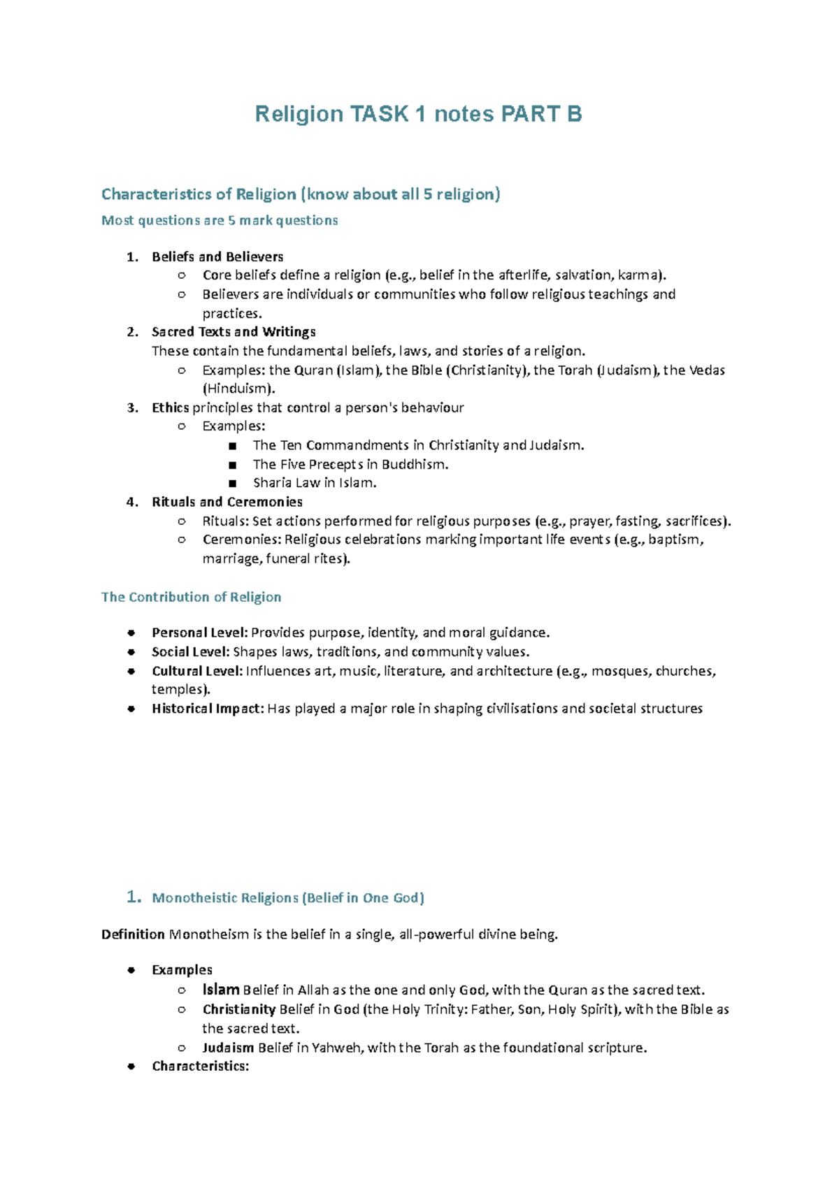 Religion TASK 1 Notes: Characteristics of 5 Major Religions - Studocu