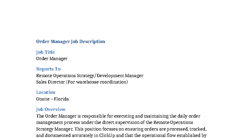 Order Manager Job Description - Remote Ops Coordination - Studocu