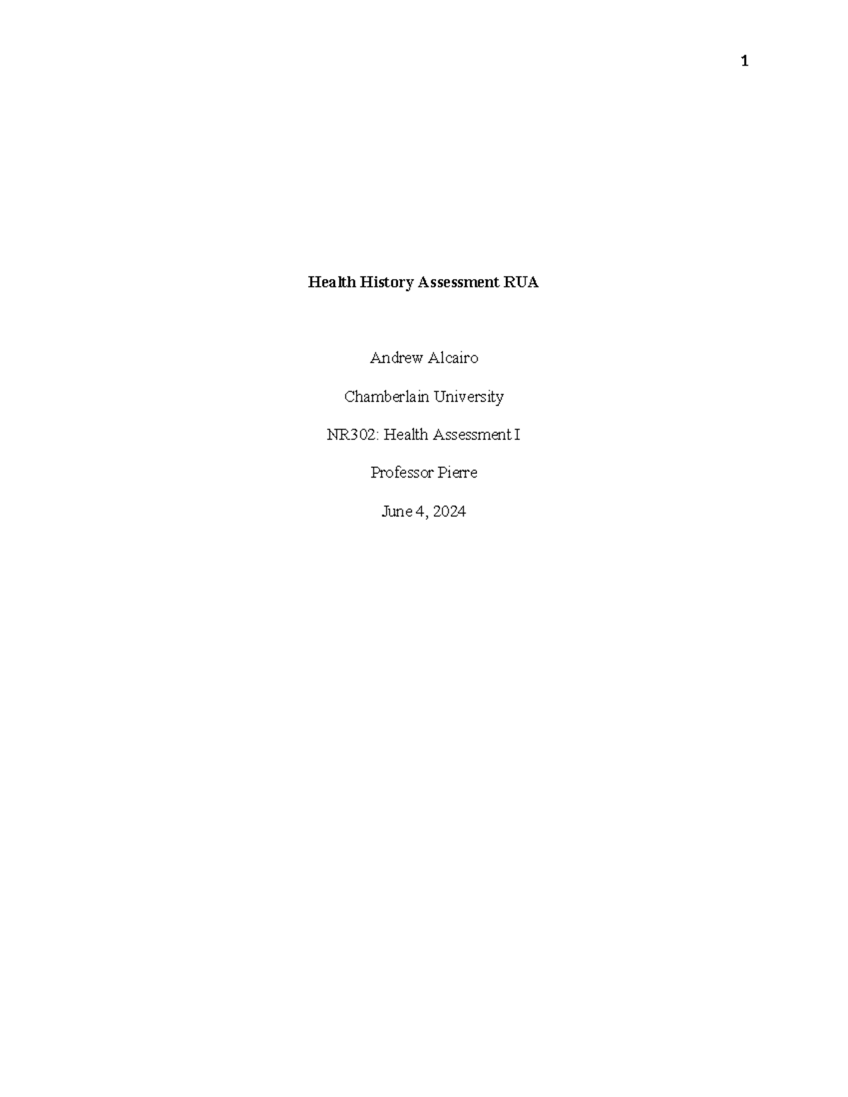 Health History Assessment RUA for IA - NR302 Health Assessment I - Studocu