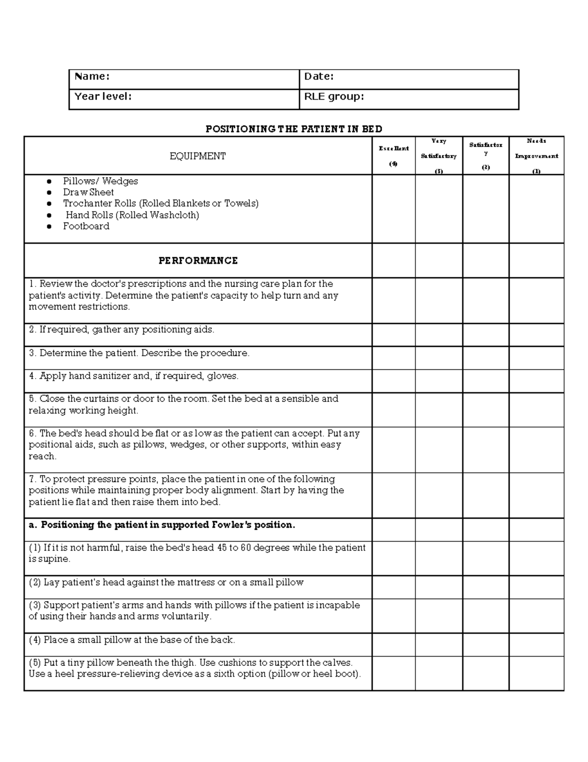 Positioning Patient IN BED Checklist 2106095491 - Name: Date: Year ...