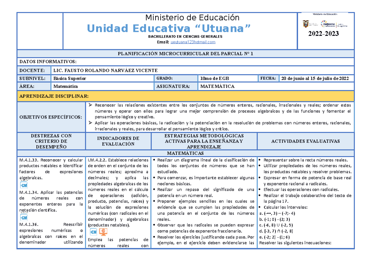 Plan Microcurricular Matemática 10mo EGB - Parcial N° 1 - Studocu