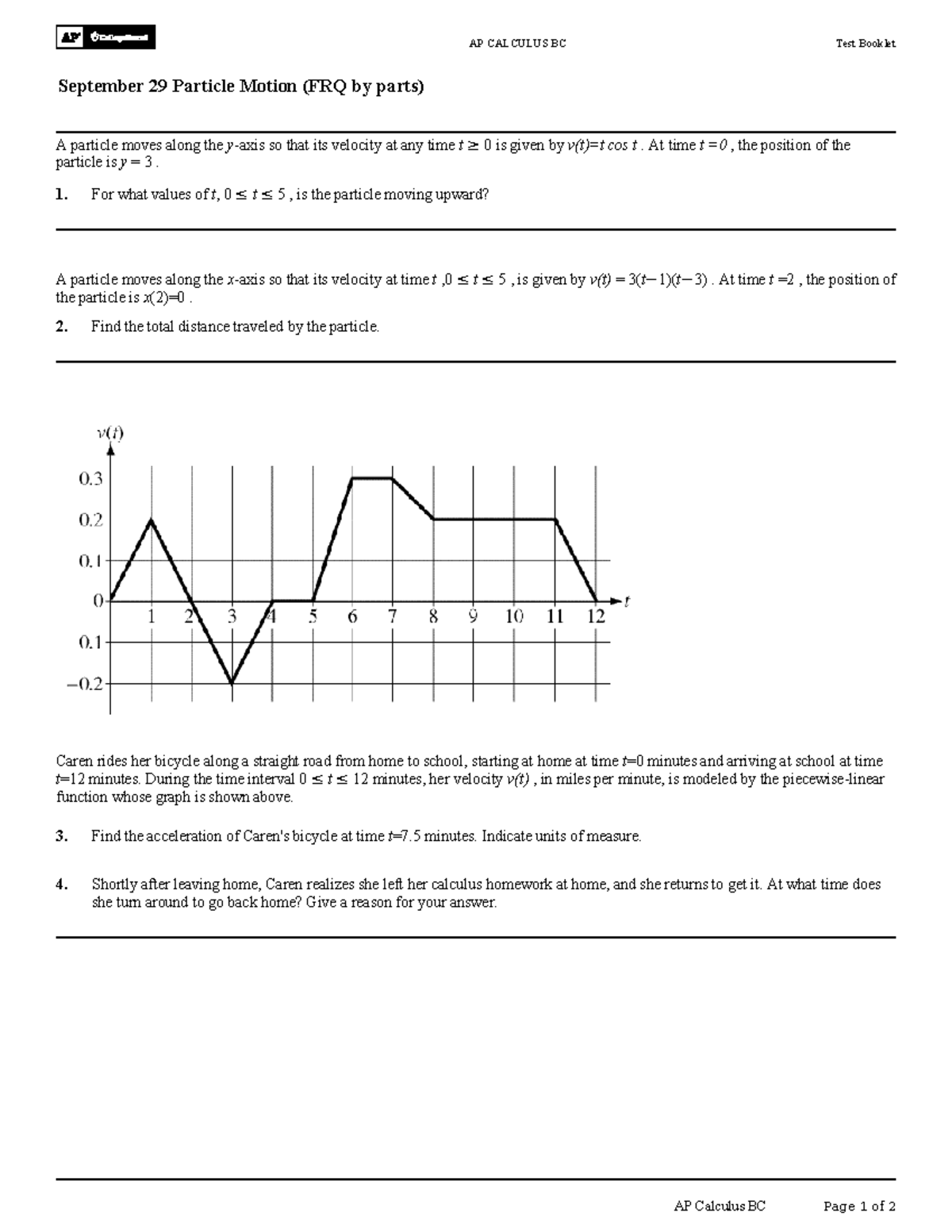 AP CALCULUS BC September 29 Test: Particle Motion FRQ Analysis - Studocu