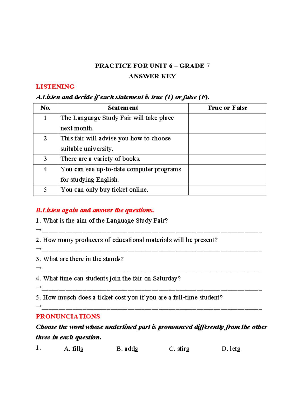 U6 GRADE 7 LISTENING PRACTICE ANSWER KEY (2022-2023) - Studocu