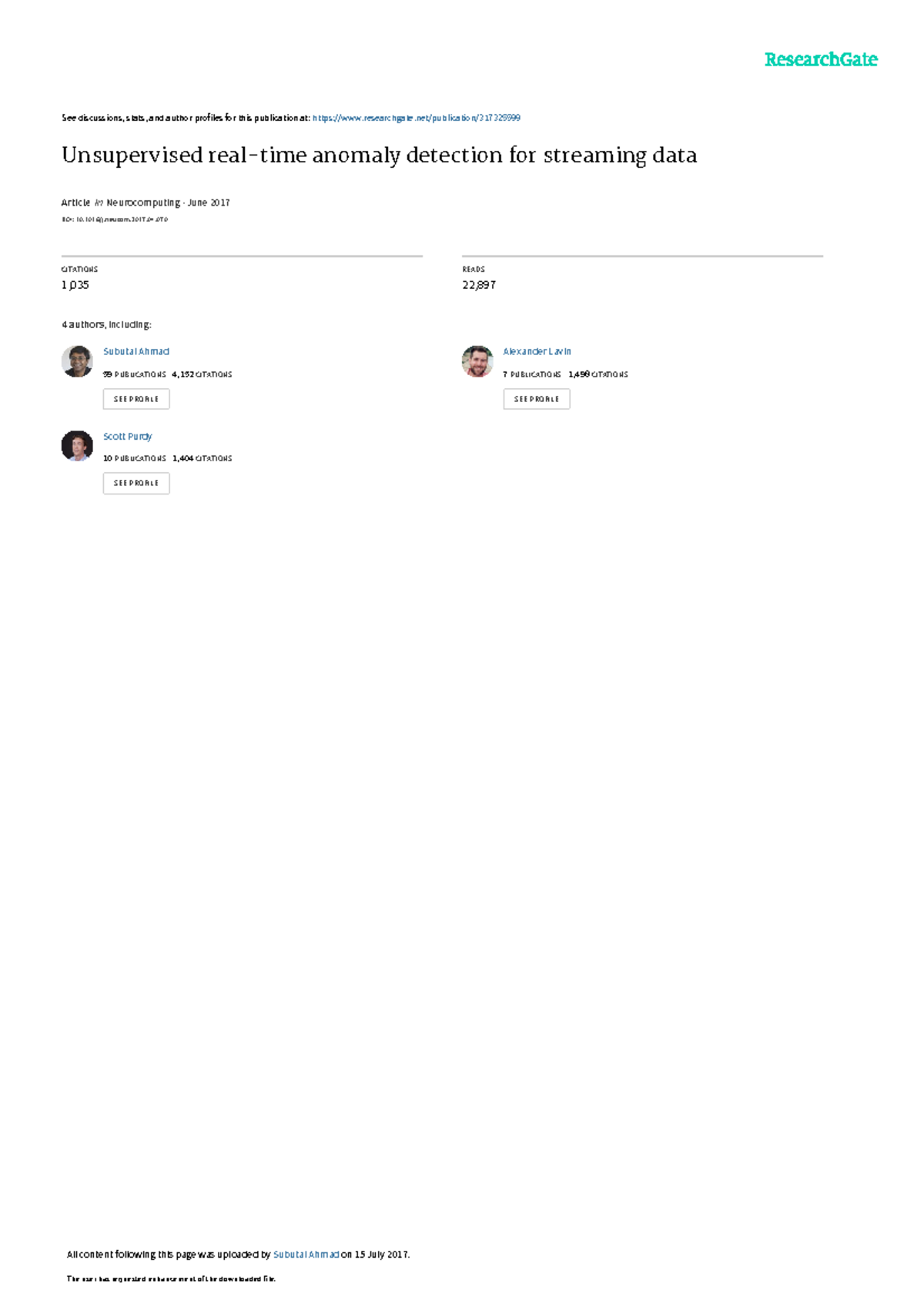 Unsupervised Anomaly Detection for Streaming Data (NEUCOM 2018) - Studocu
