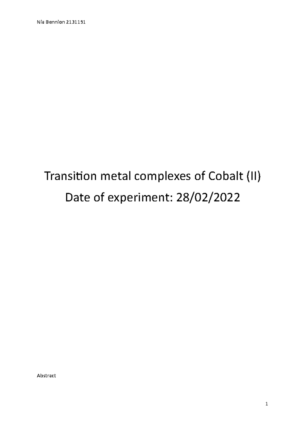 Lab Report: Cobalt(II) Transition Metal Complexes and Isomerism ...