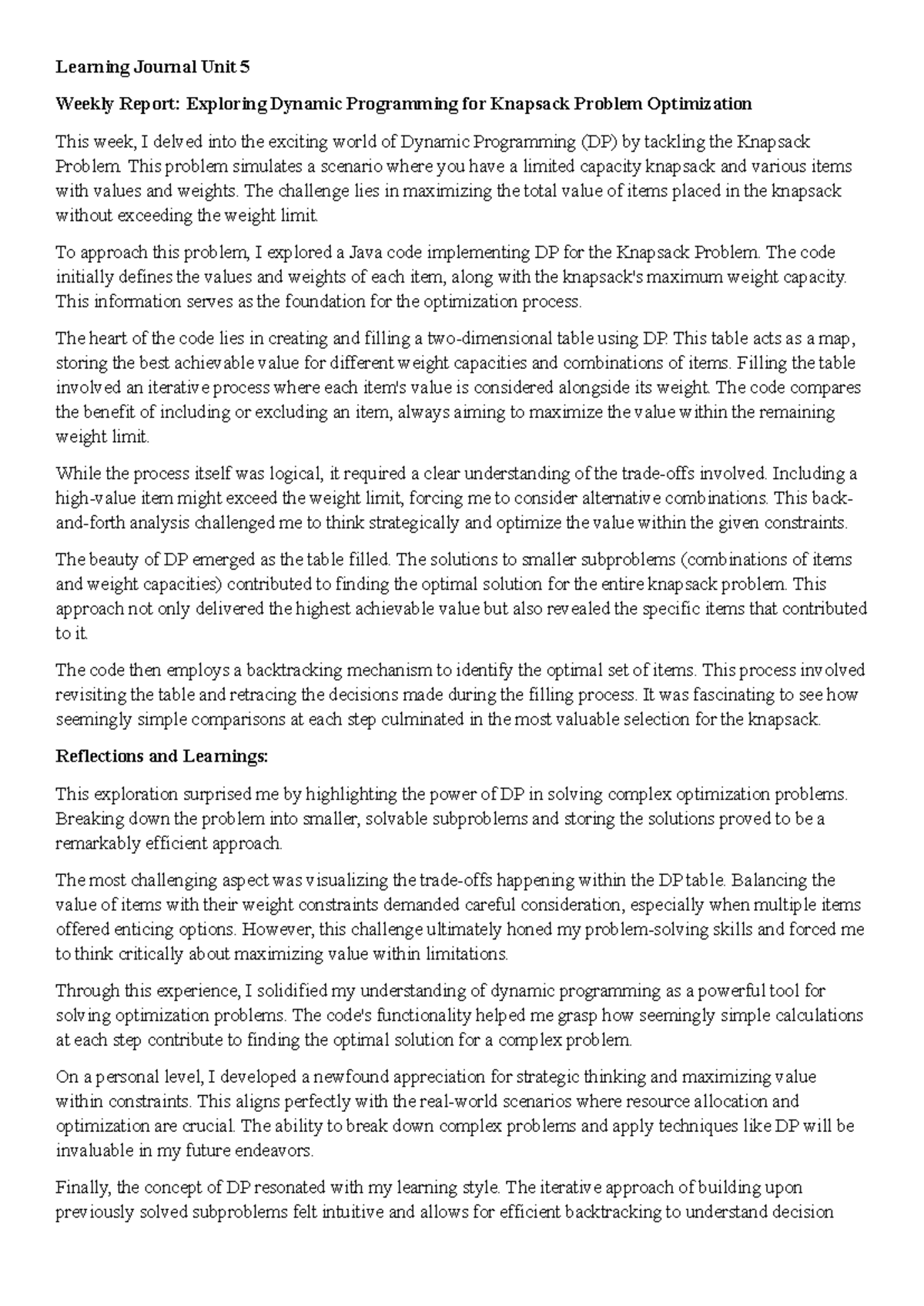 Dynamic Programming Insights: Knapsack Problem Optimization - Unit 5 - Studocu