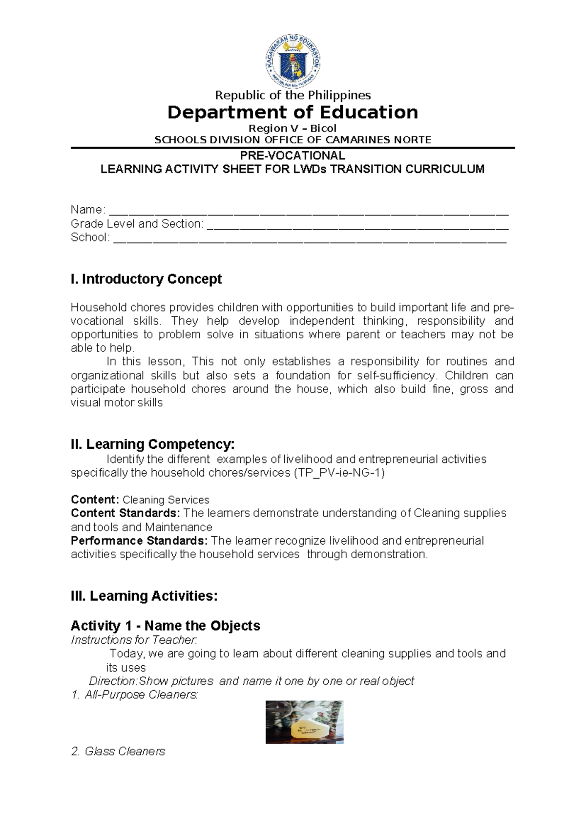 Transition Learning Activity Sheet (LAS) for Pre-Vocational Skills ...