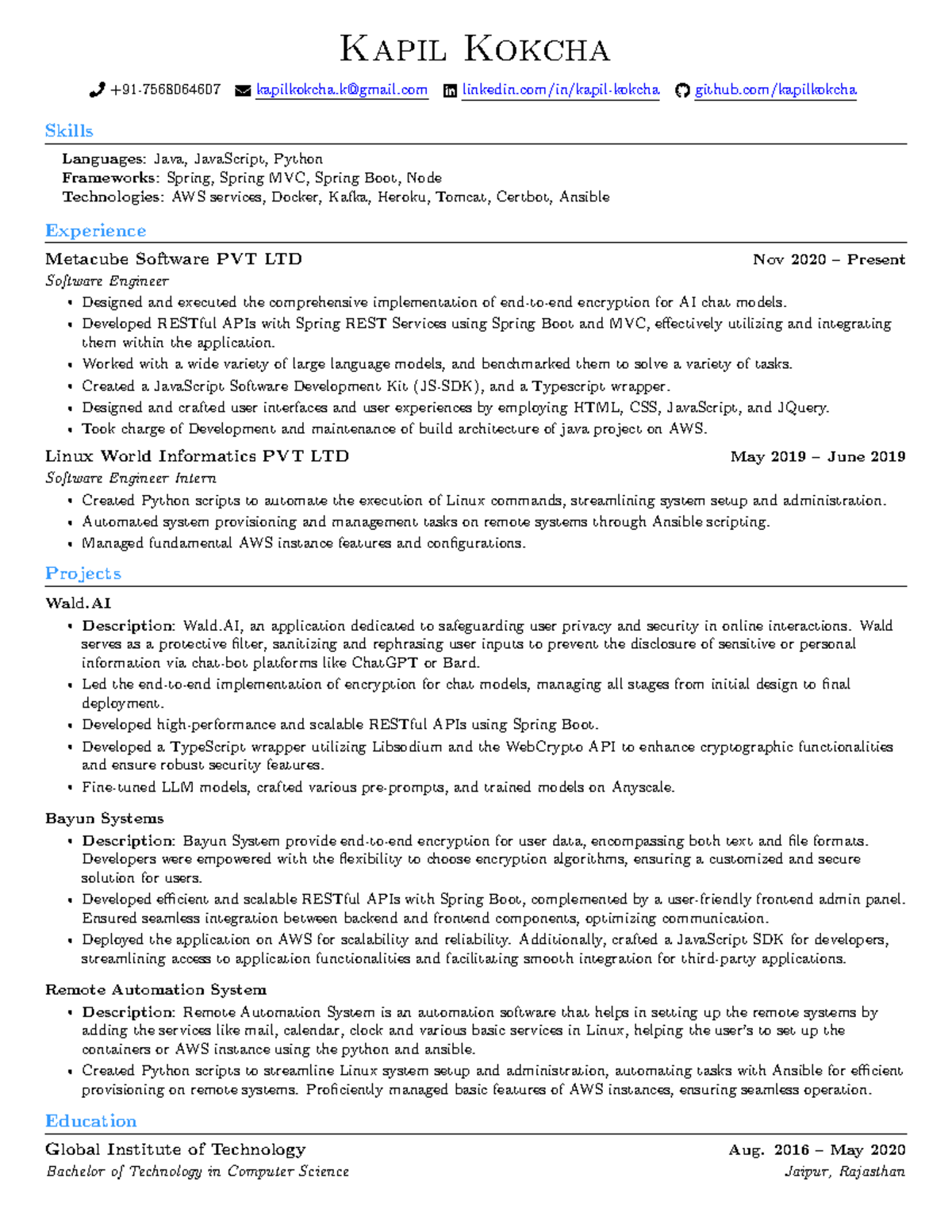 Kapil Kokcha - Software Engineer Resume (Java, Python, AWS) - Studocu