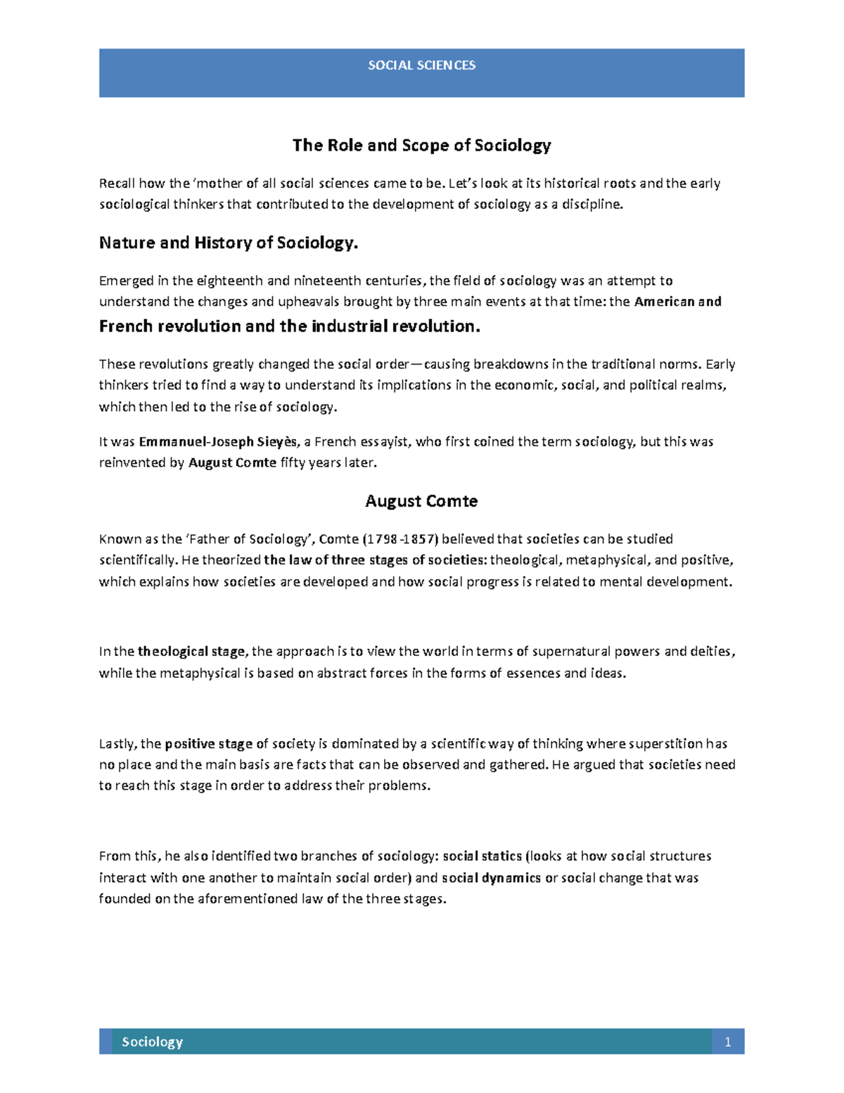 Sociology 1: Exploring the Historical Roots and Key Thinkers - Studocu